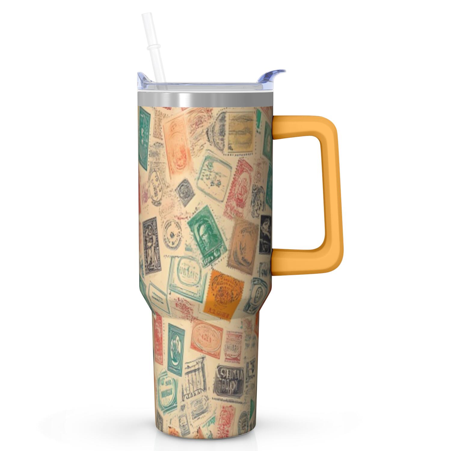 Retro Stamp Passport Tumbler with Handle and Straw 40 oz, Stainless ...