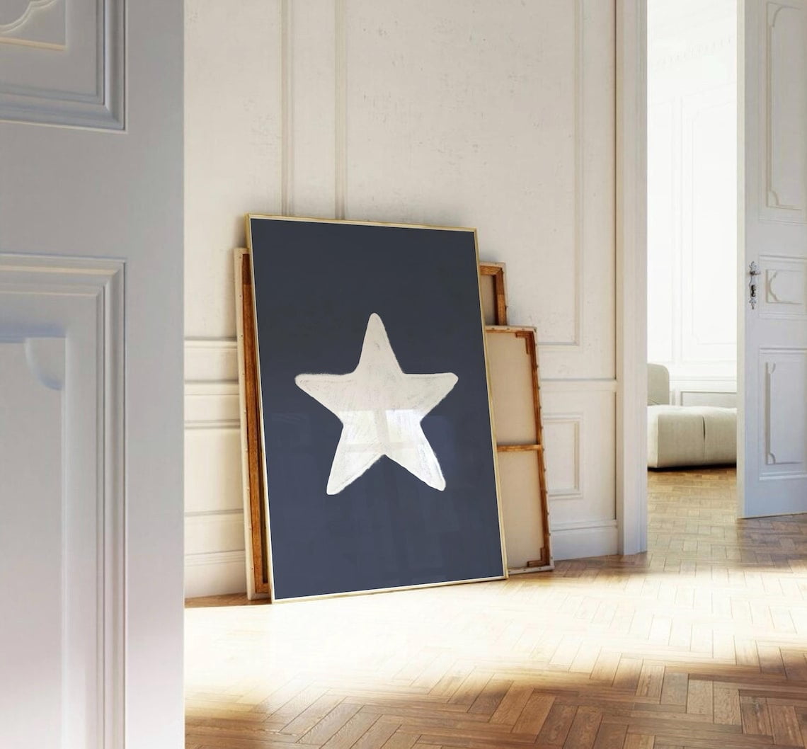 Retro Star Art Print, Hand Drawn Star Poster, Dark Blue White Wall Art ...