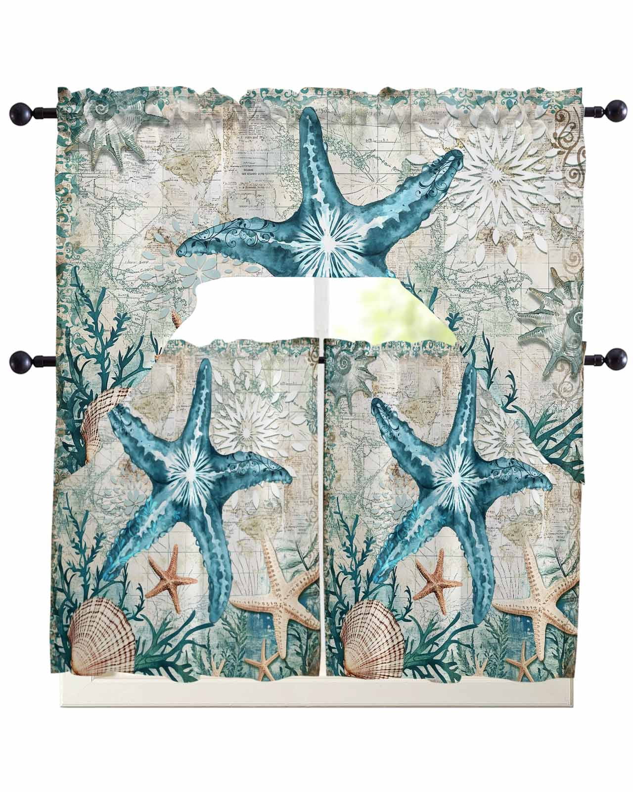 Retro Starfish Swag Valance and Tier Curtains Set Ocean Nautical Coral ...