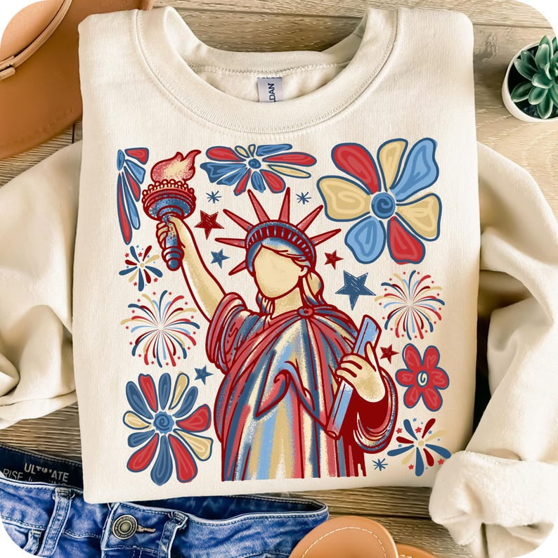 Retro Statue of Liberty Sweatshirt, Boho Floral 4th of July USA Flag ...