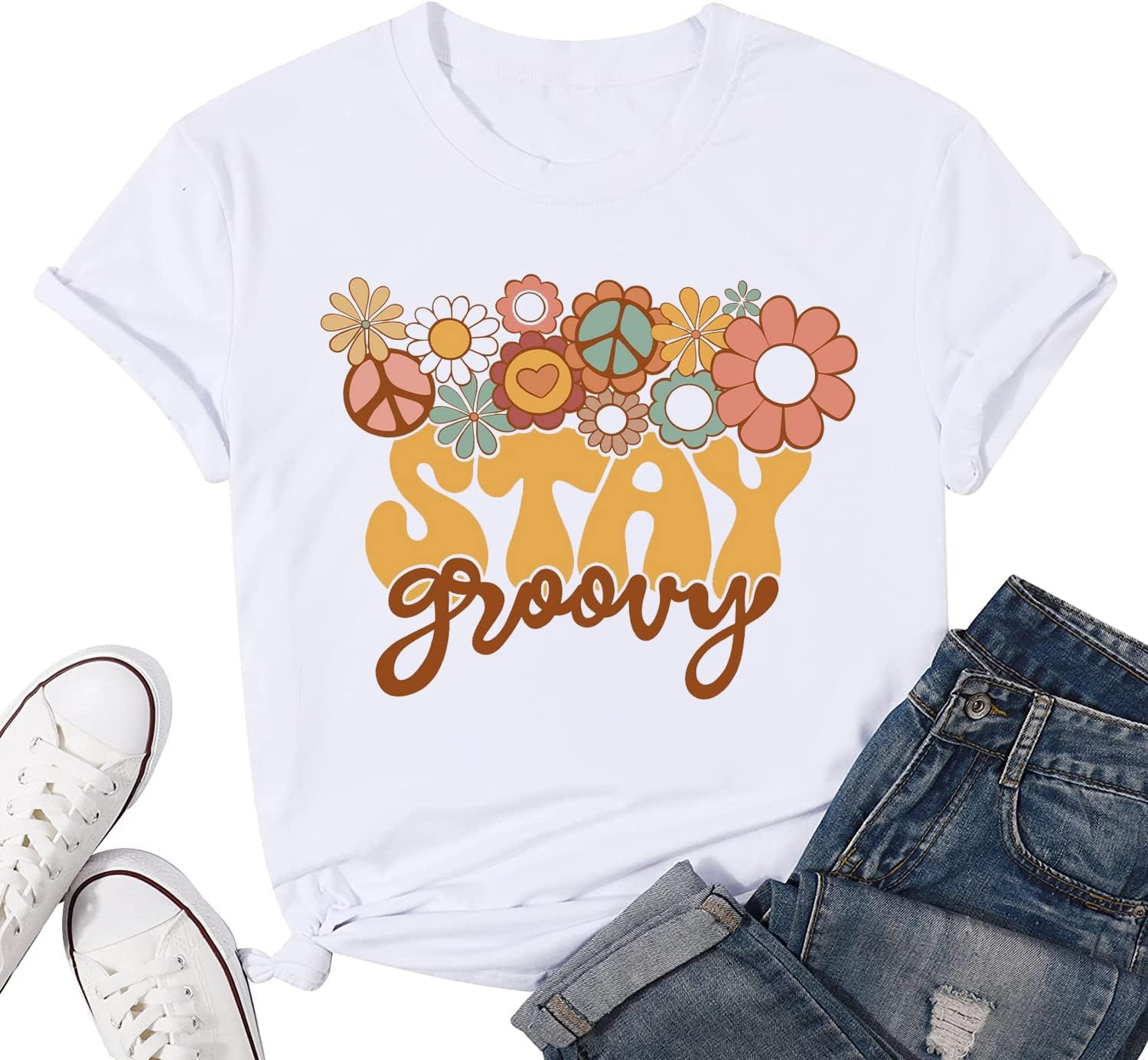 Retro Stay Groovy Shirt for Women Hippie 70s T-Shirt Cute Floral ...