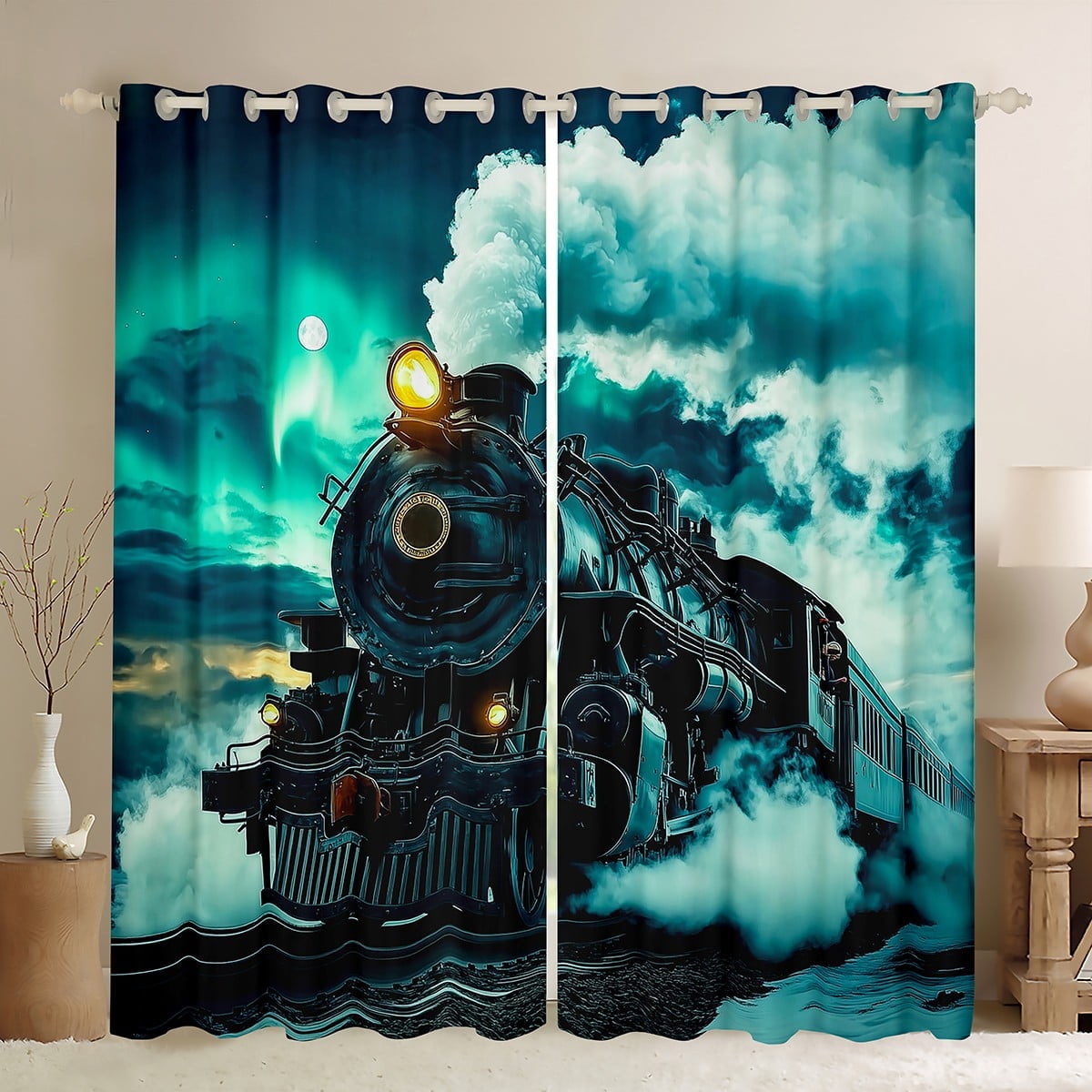 Retro Steam Engine (38Wx45L) 2 Panels Curtains Train Railway Track 30% ...