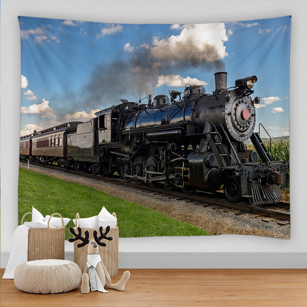Retro Steam Engine Tapestry Train On Railroad Track Bedroom Living Room ...
