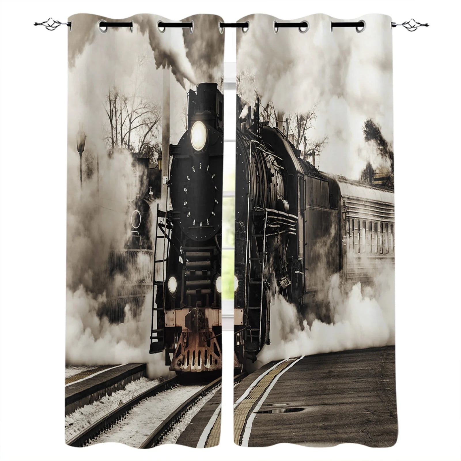 Retro Steam Train Curtains For Living Room Bedroom Window Treatment ...