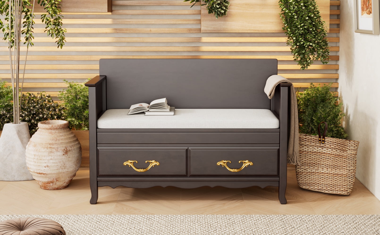 Retro Storage Bench, Entryway Bench with Removable Cushion and Hidden ...