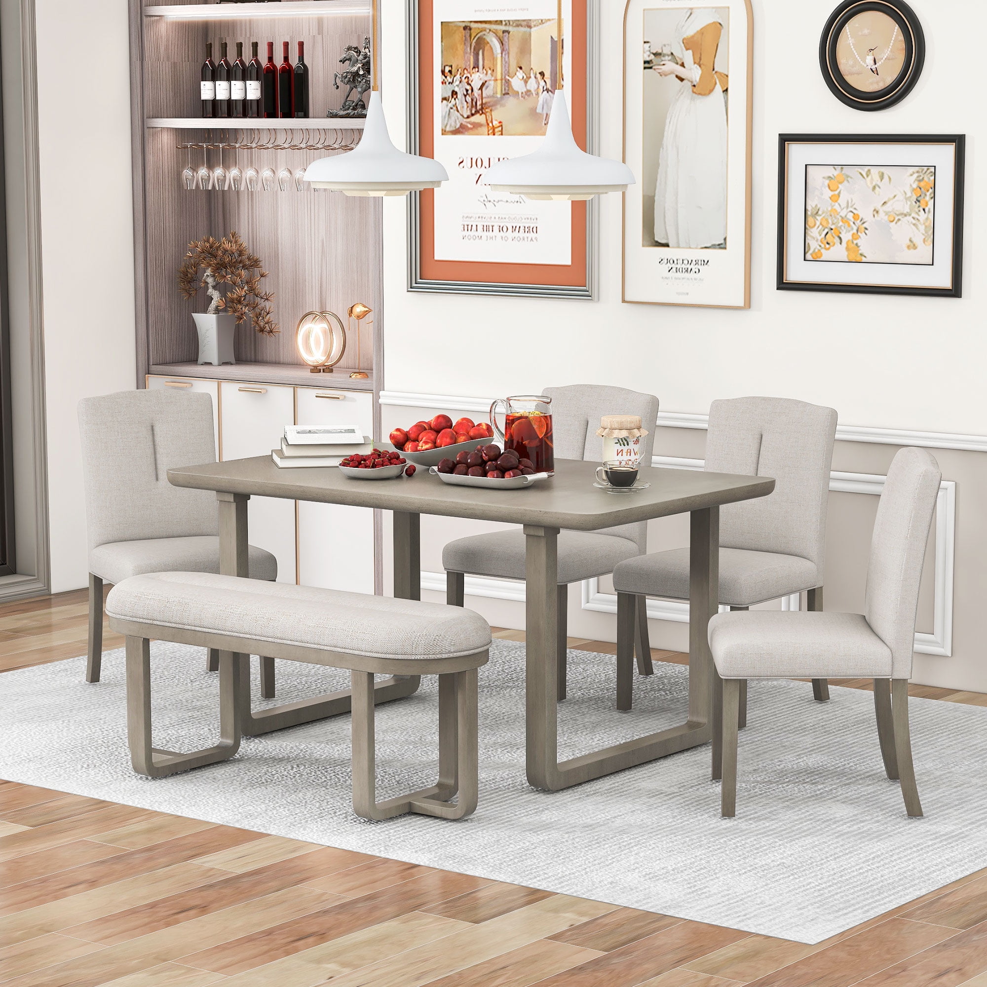 "6-Piece Retro-Style Dinette: Rectangle 60""L Table, 4 Chairs & 1 Bench ...