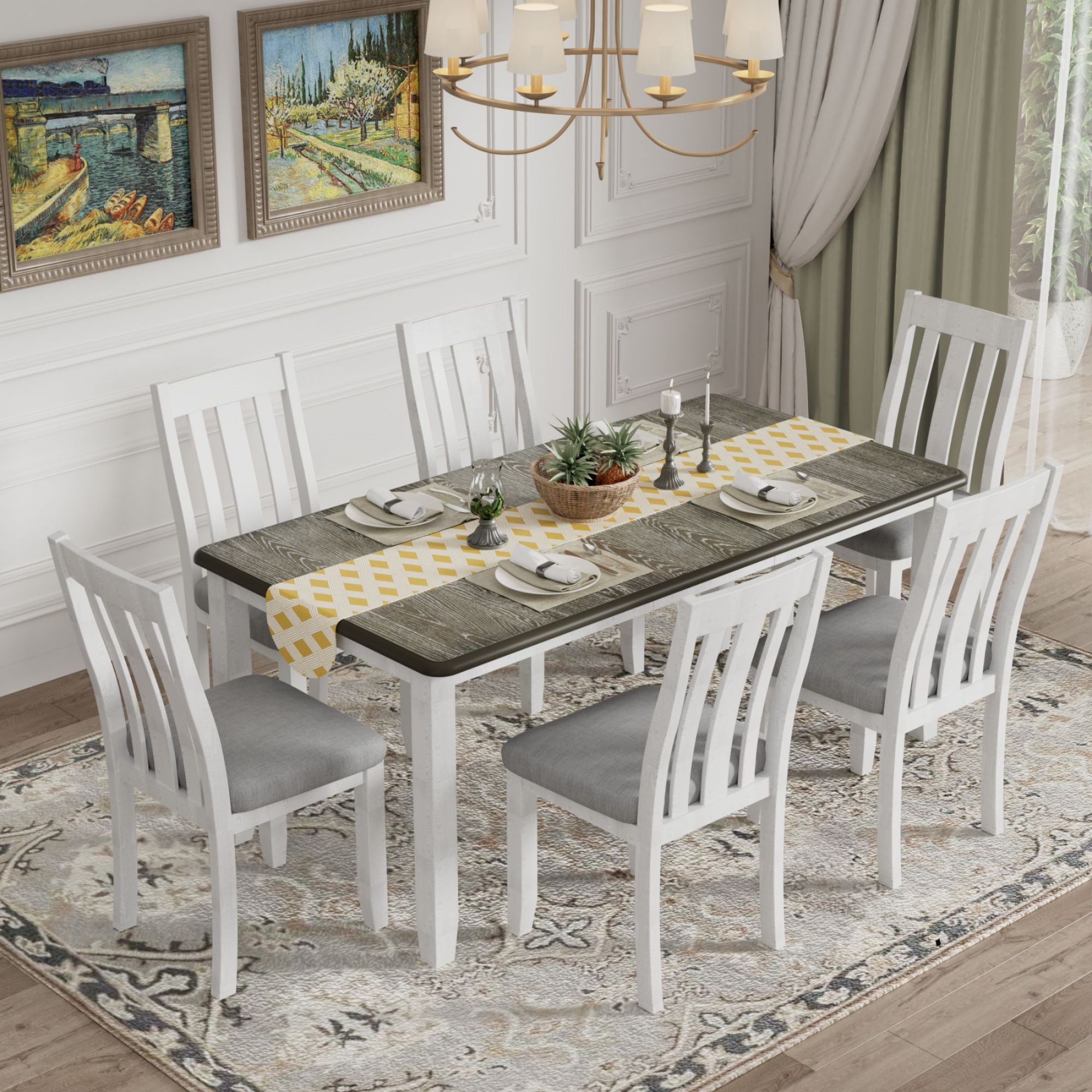 Retro Style 7-Piece Dining Table Set with Extendable Table and 6 ...