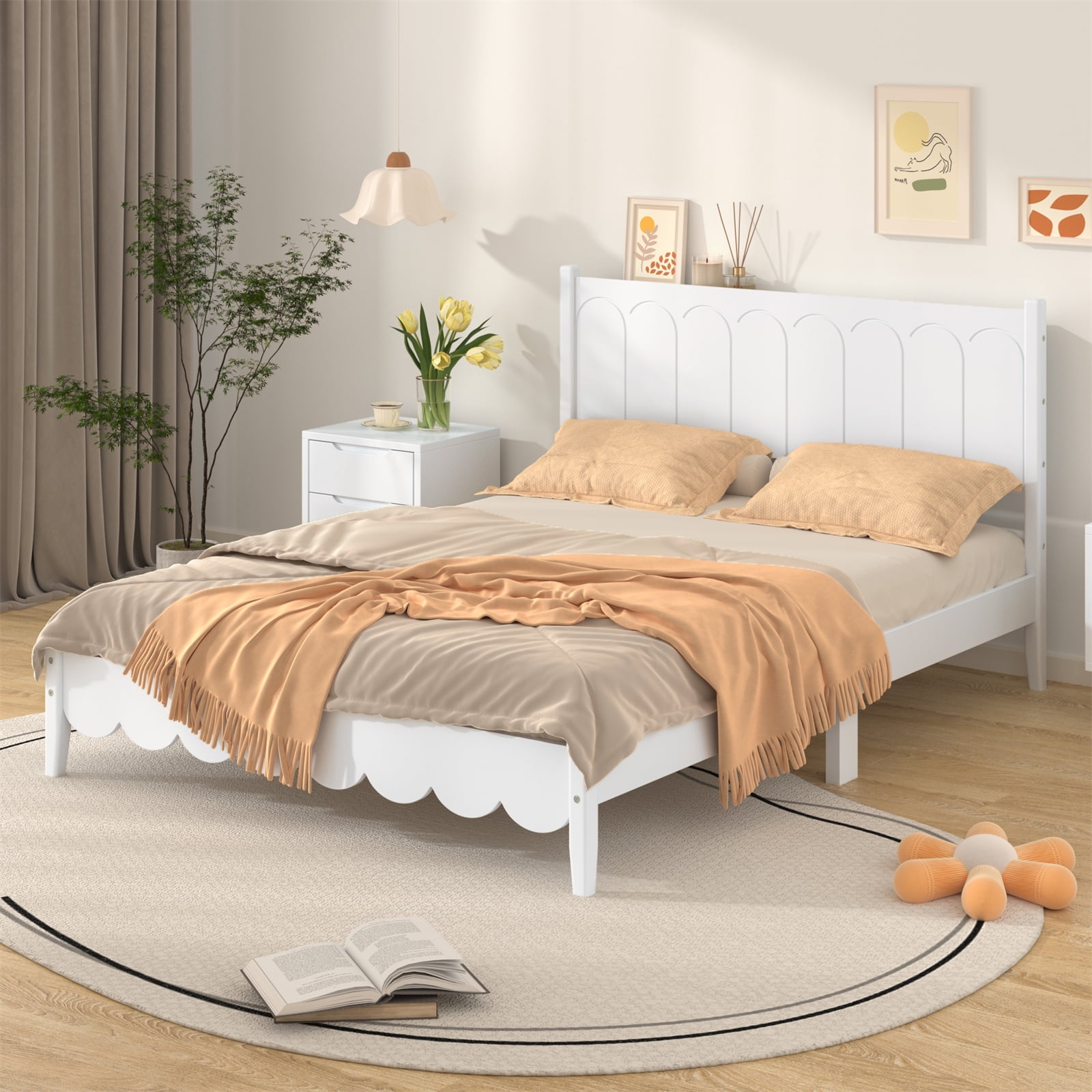 Retro Style Bed with Rectangular Headboard and Arc-Shaped Footboard ...