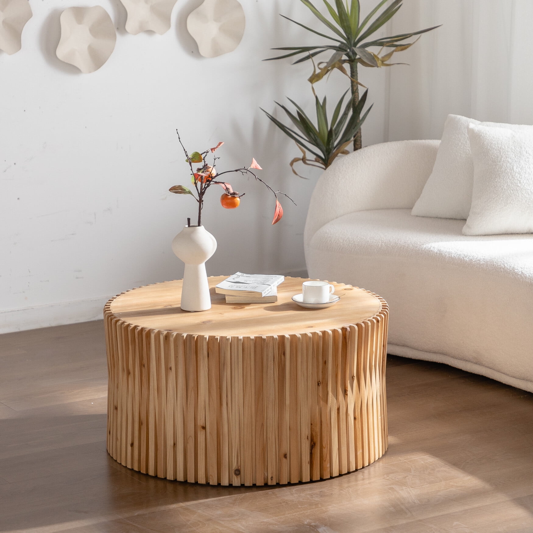 Retro Style Cylindrical Coffee Table with Vertical Texture Relief ...