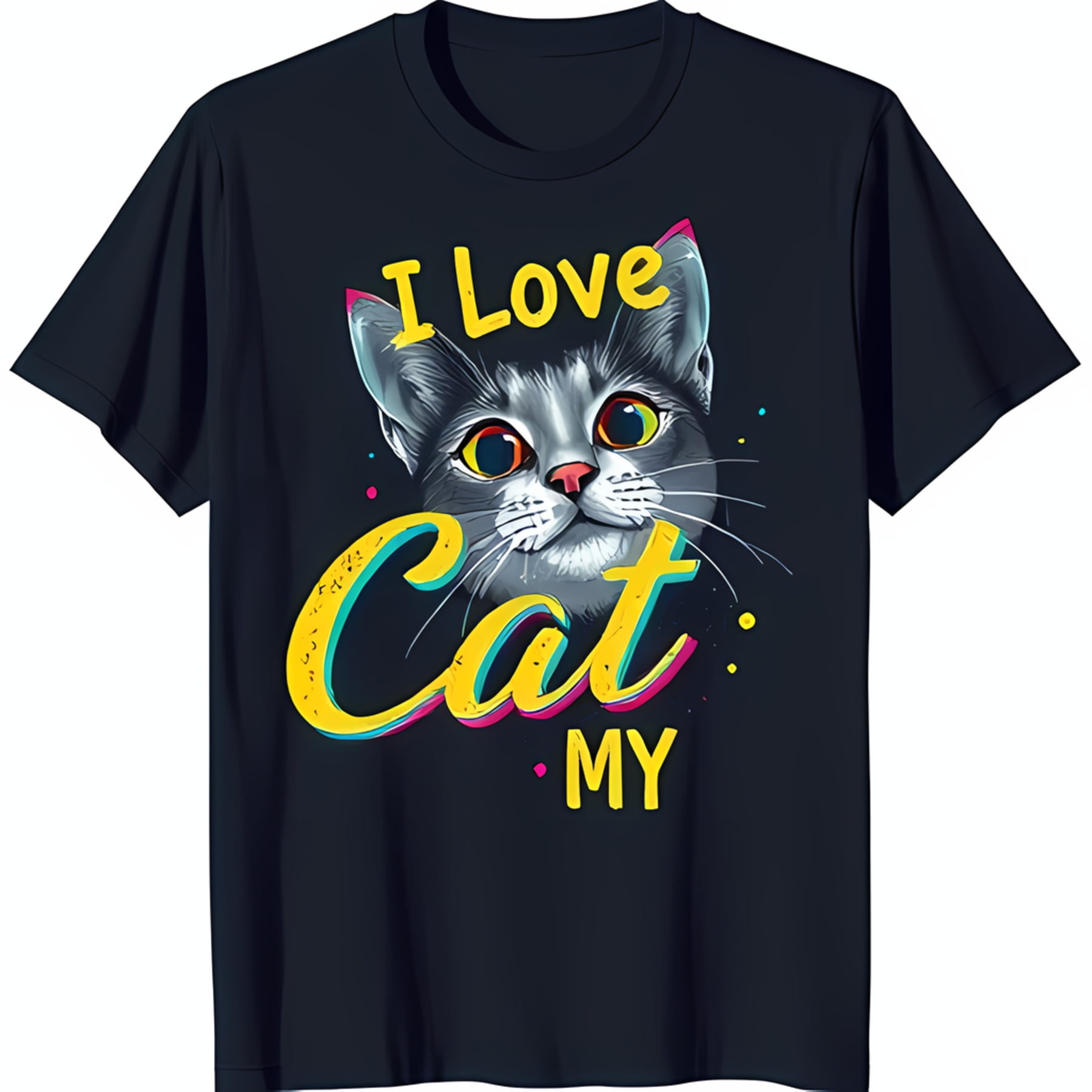 Retro Style 'I Love My Cat' Graphic T-Shirt Blue Tee with Grey Cat ...