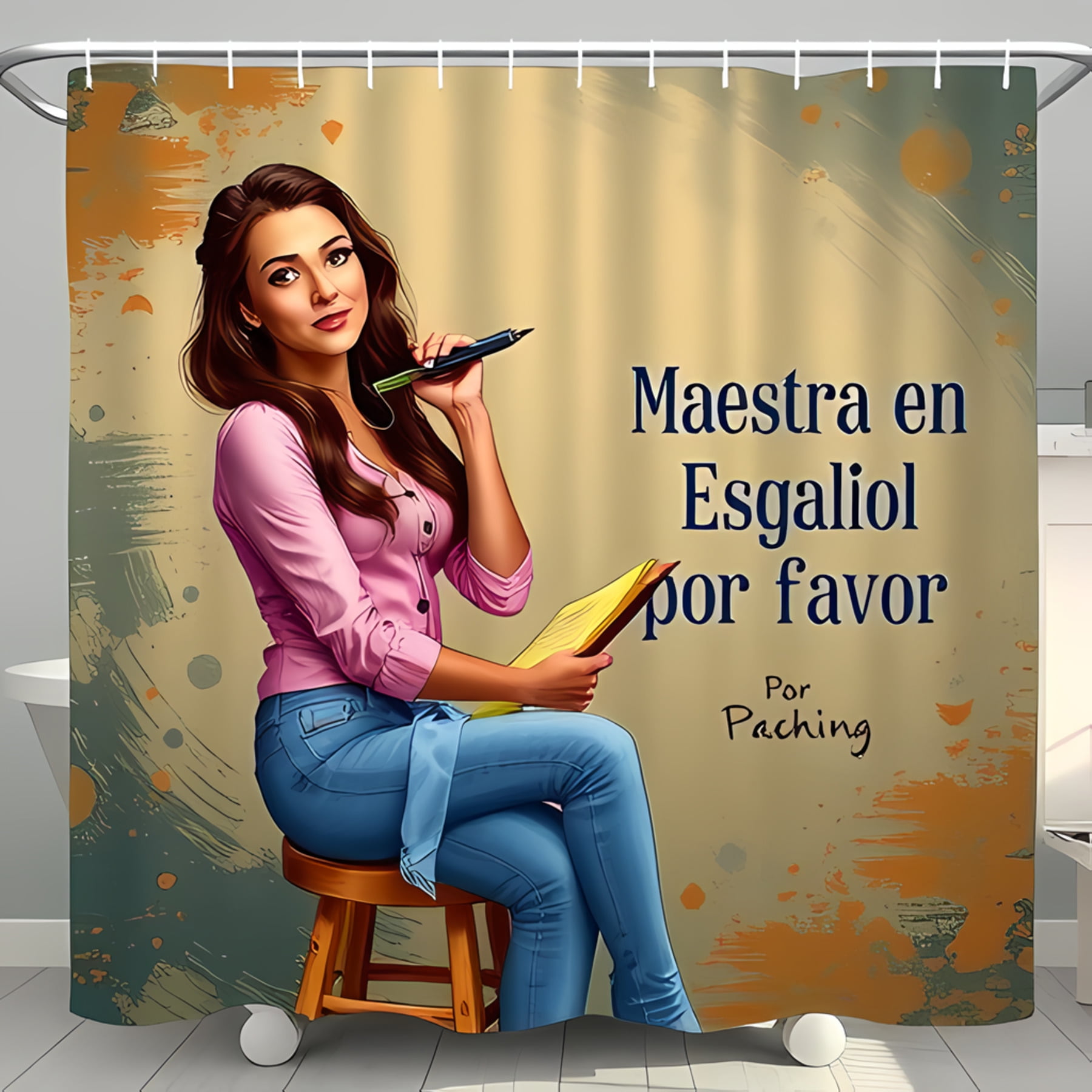 Retro-Style Shower Curtain with Vintage Illustration of a Studious ...