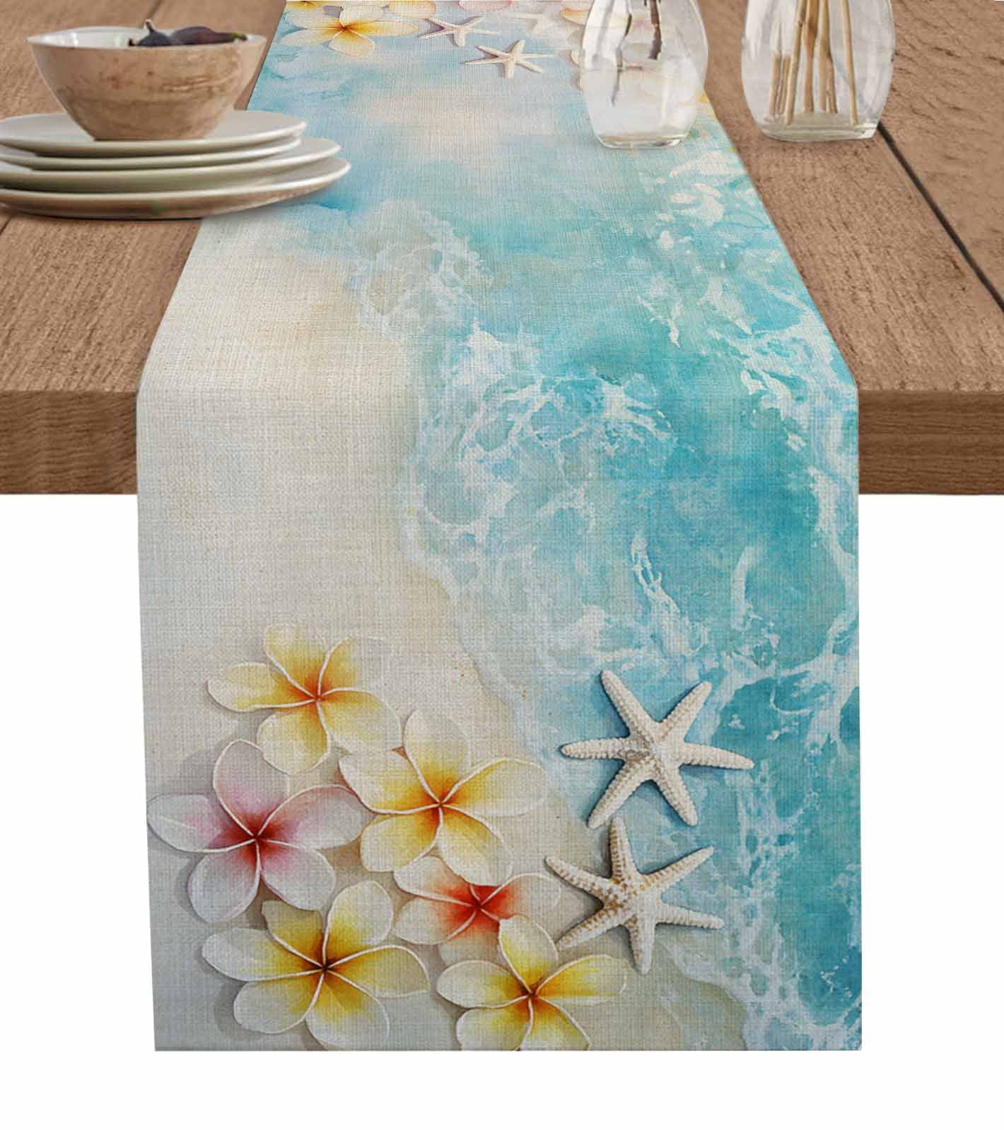 Retro Summer Beach Table Runner 90 Inches, Flowers Ocean Starfish ...