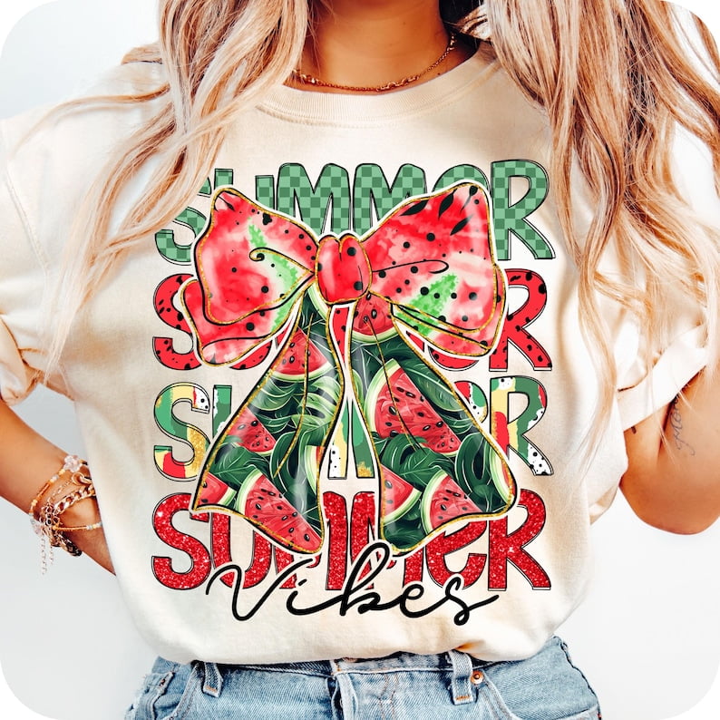 Retro Summer Vibes T-shirt, Watermelon Coquette Bow Summer Shirt ...