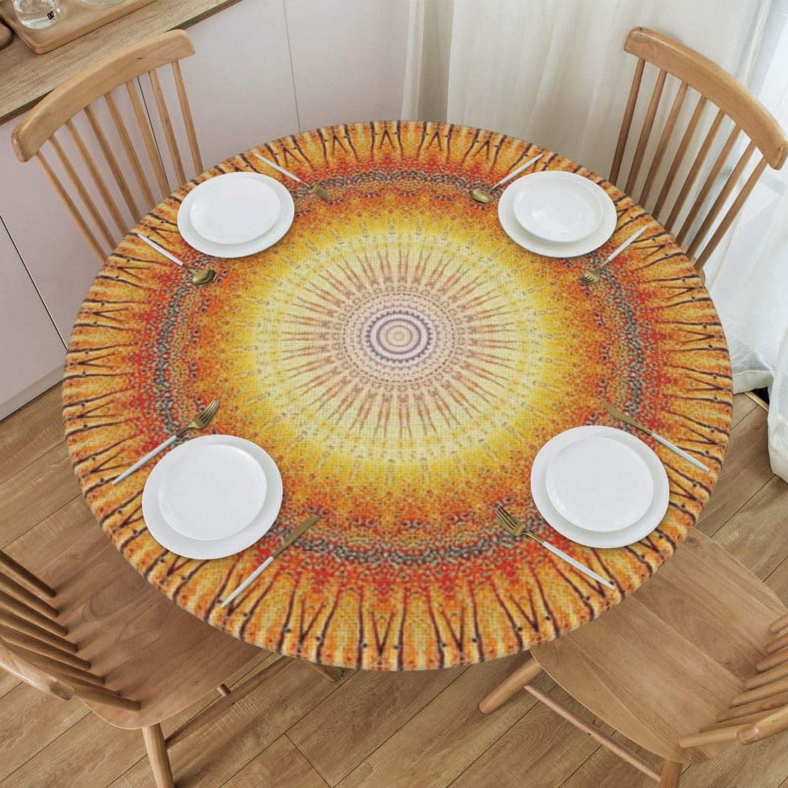 Retro Sun Mandala Sun Burst Gradient Round Fitted Tablecloth with ...