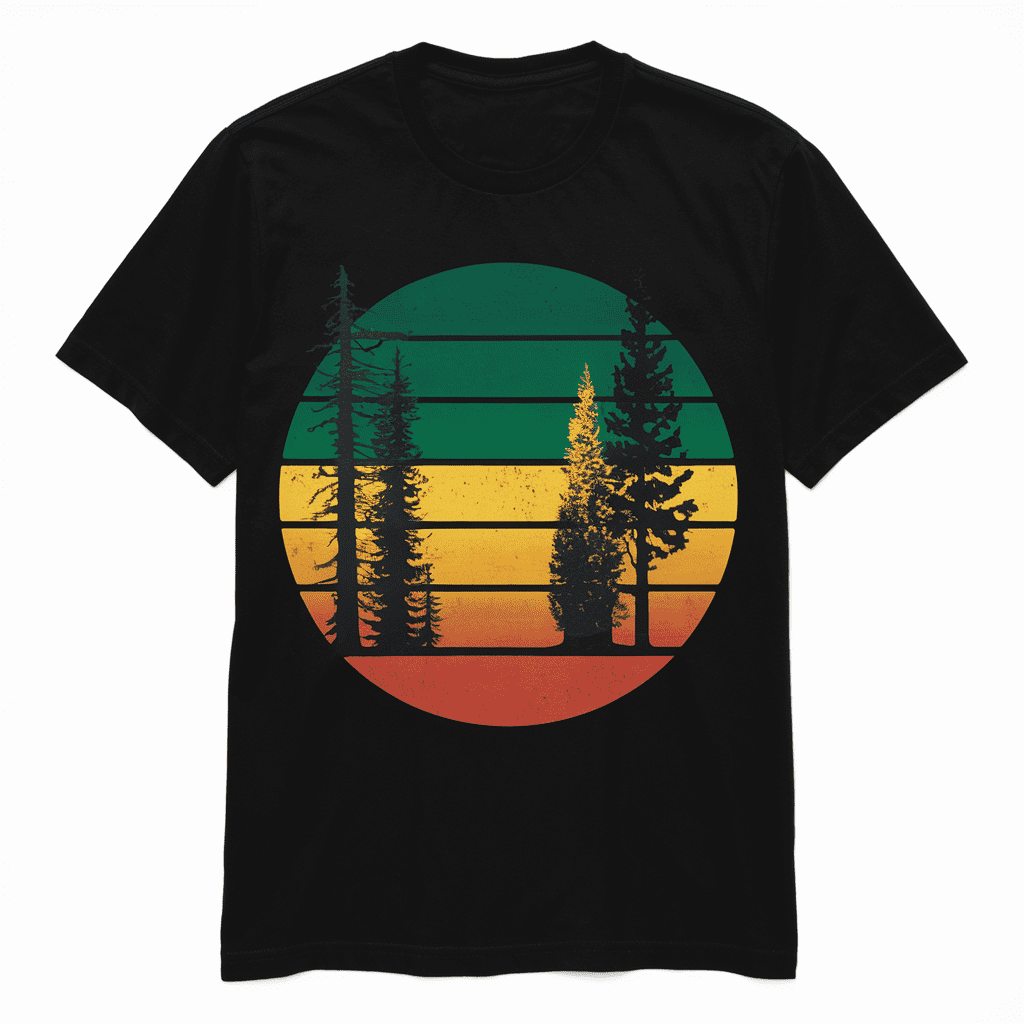 Retro Sun Minimalist Pine Tree Design - Black Tee Shirt T-Shirt ...