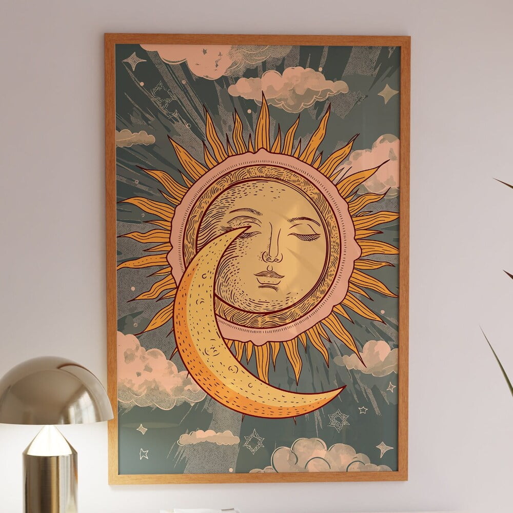 Retro Sun And Moon Print, 70S Wall Art, Celestial Art Decor, 70S Home ...