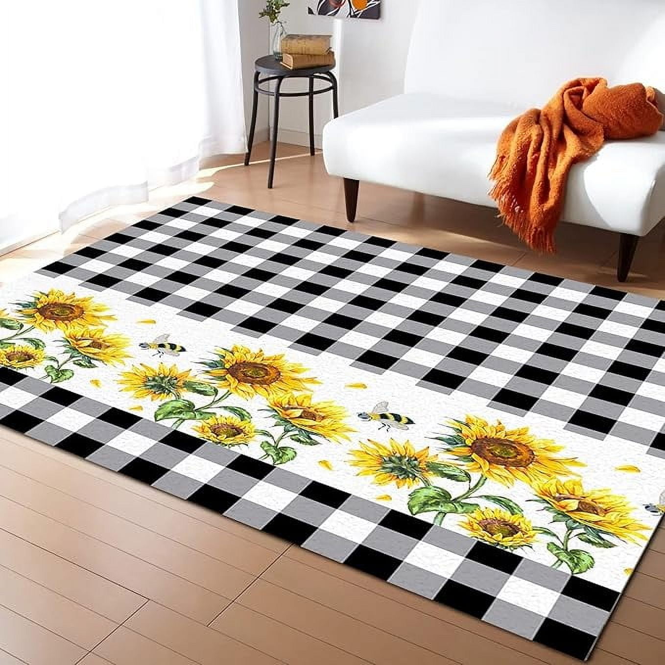Retro Sunflower Area Rugs, Farmhouse Black And White Buffalo Plaid ...