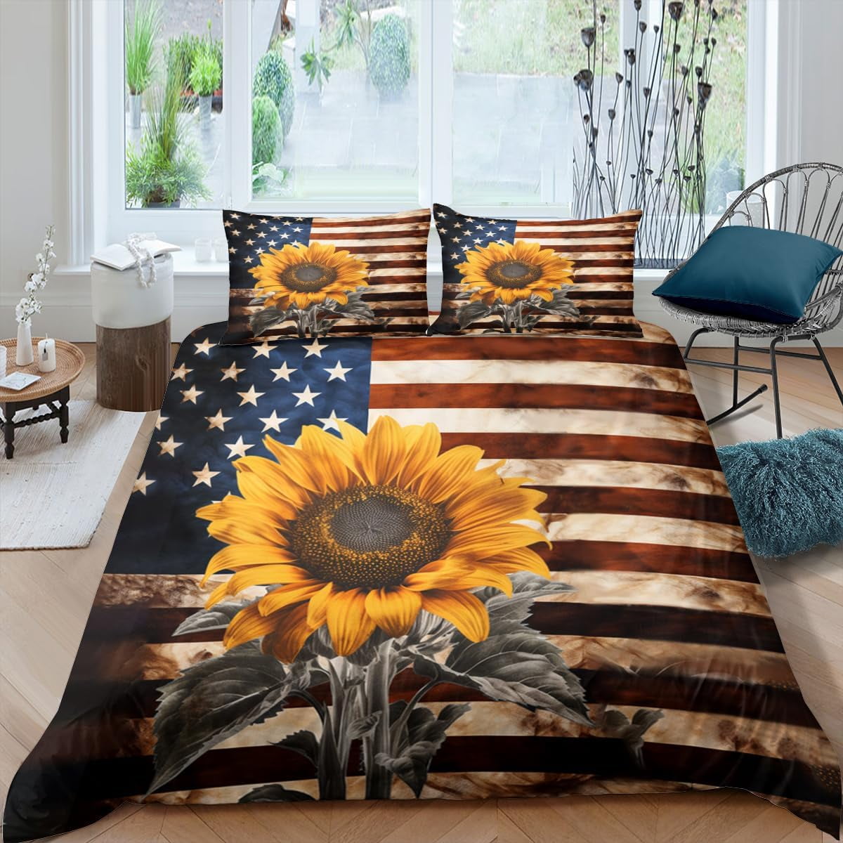 Retro Sunflower Comforter Set American Flag Comforter Golden Blossom ...