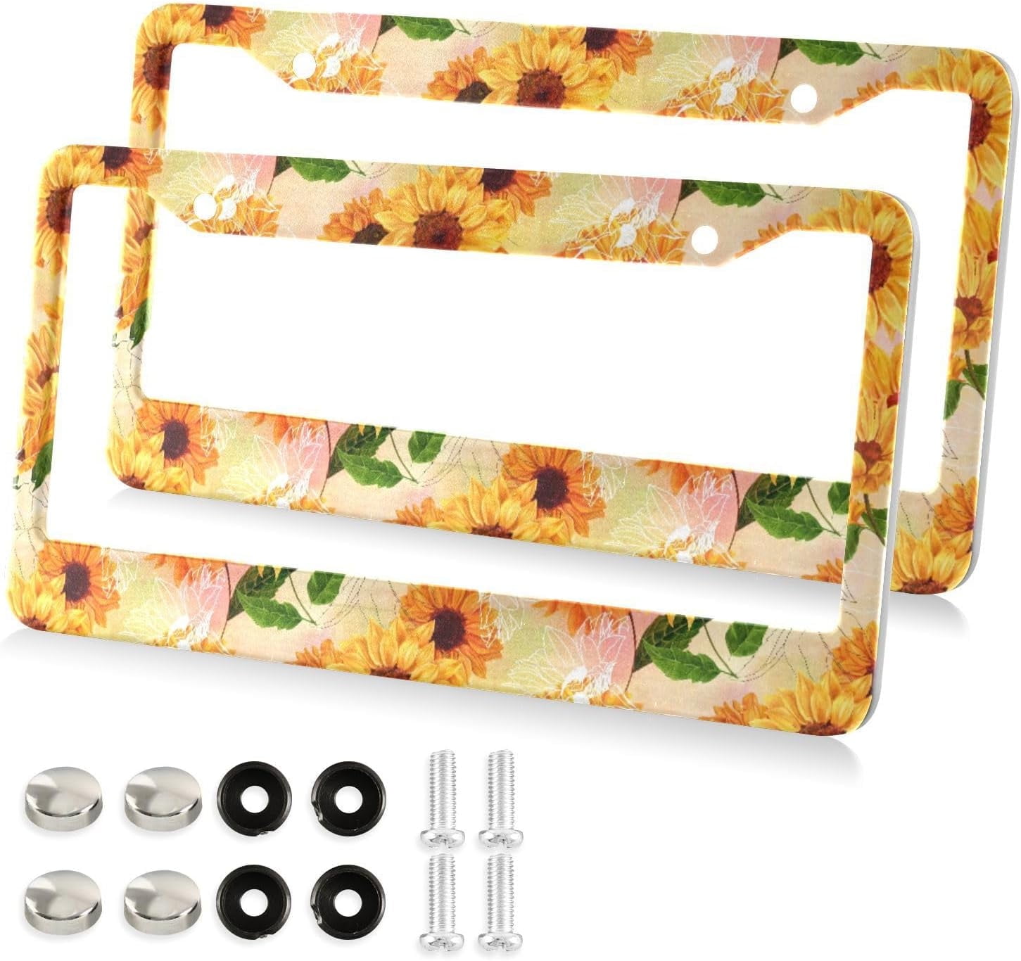 Retro Sunflower License Plate Frame - 2 Pack Universal Stainless Steel ...