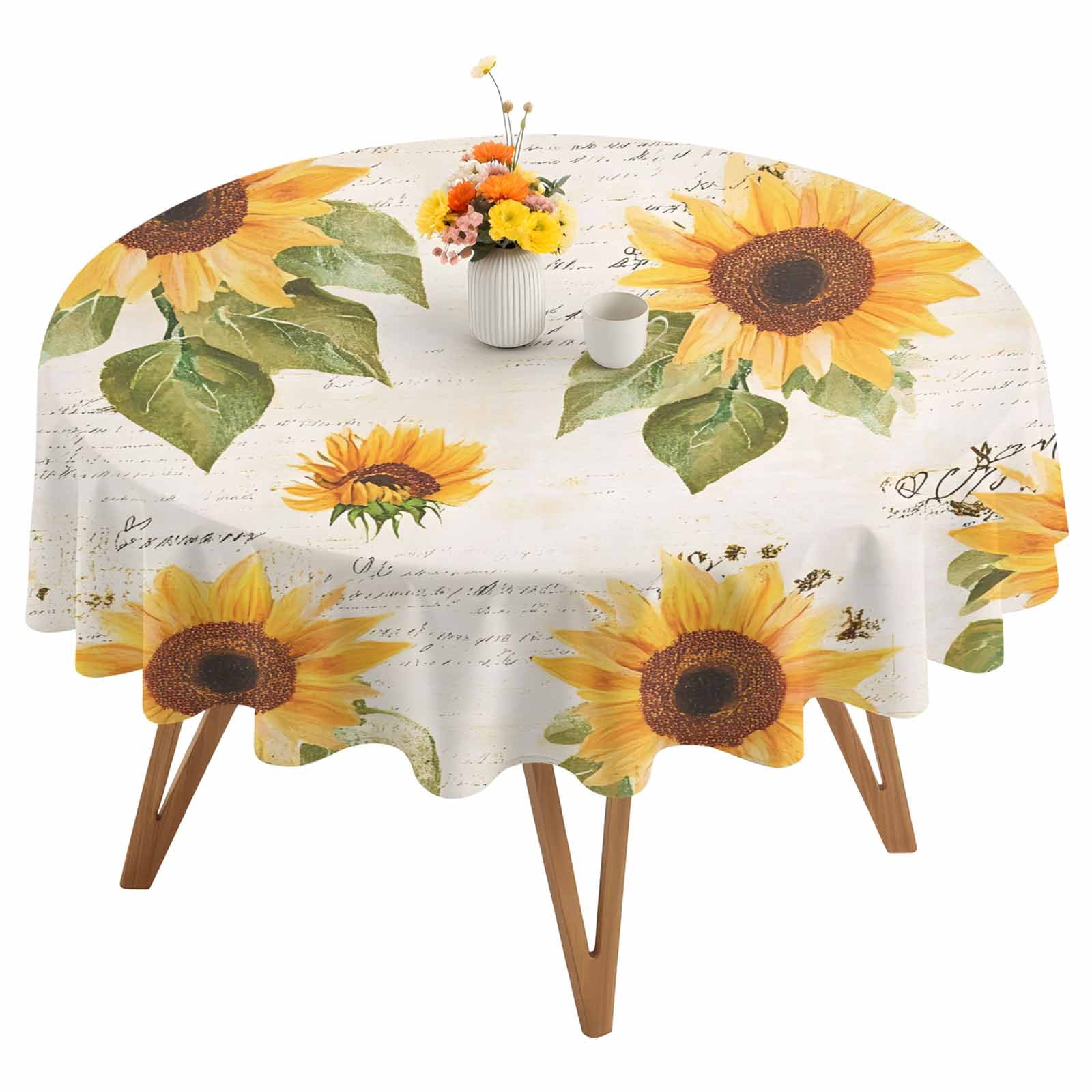 Retro Sunflower Round Tablecloth 60 inches Vintage Flower Leaf ...