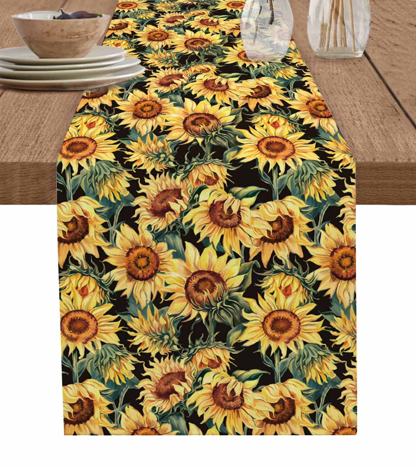 Retro Sunflower Table Runner 72 Inches, Farmhouse Floral Botanical Bed ...