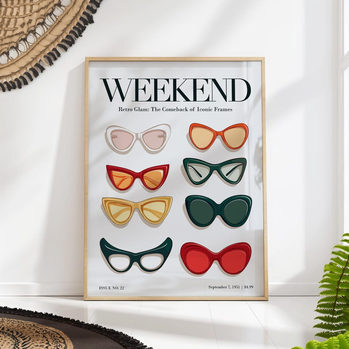 Retro Sunglasses Poster, Vintage Weekend Magazine Print, Mid-Century ...