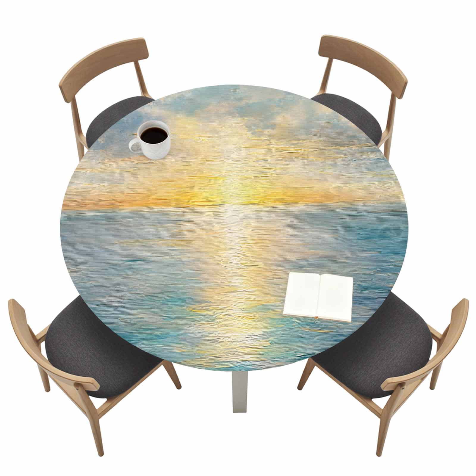 Retro Sunrise Round Fitted Tablecloth with Elastic Edge Blue Ocean ...