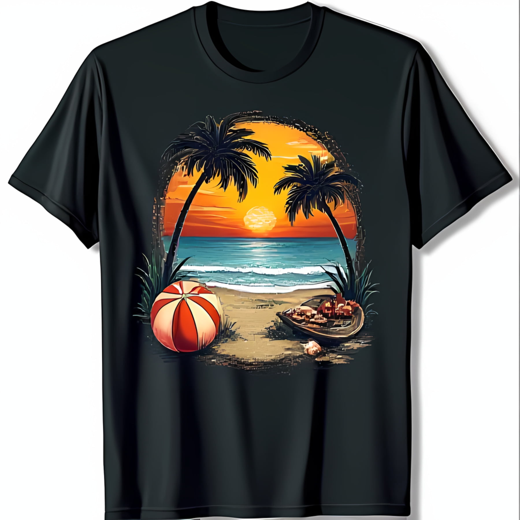 Retro Sunset Beach Scene Black T-Shirt with Trees & Beach Ball Graphic ...