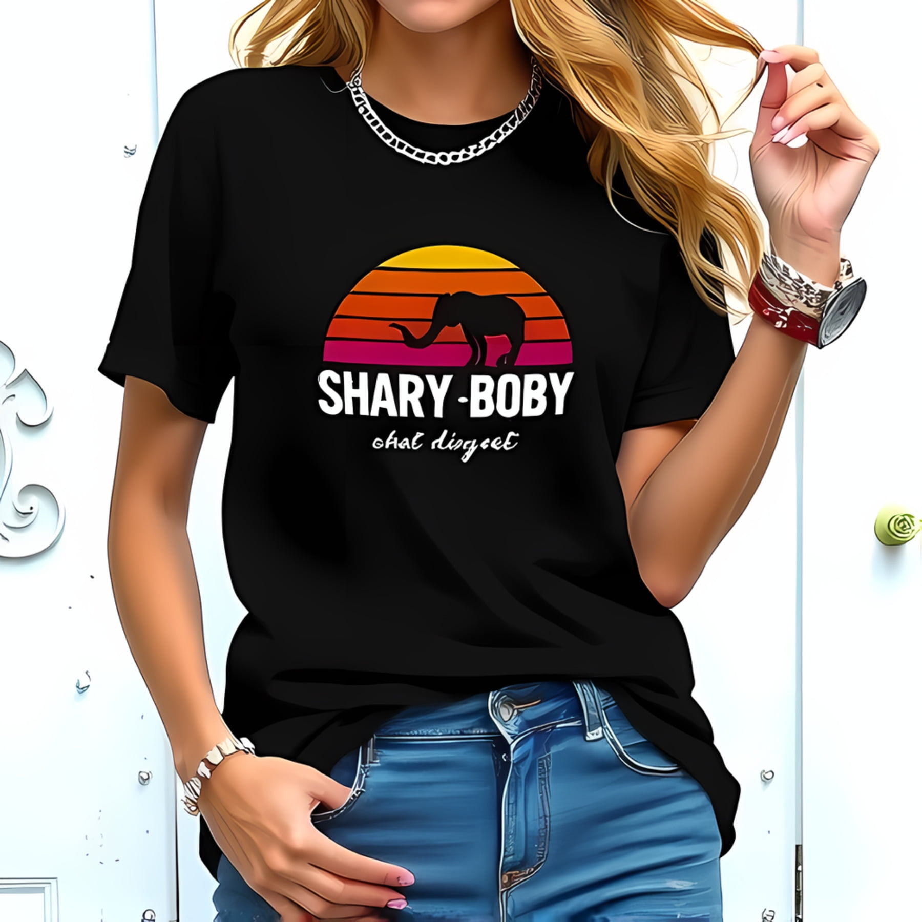 Retro Sunset Elephant Graphic Cotton Short Sleeve T-Shirt for Women - " SHARY-BOBY " with " chal ...