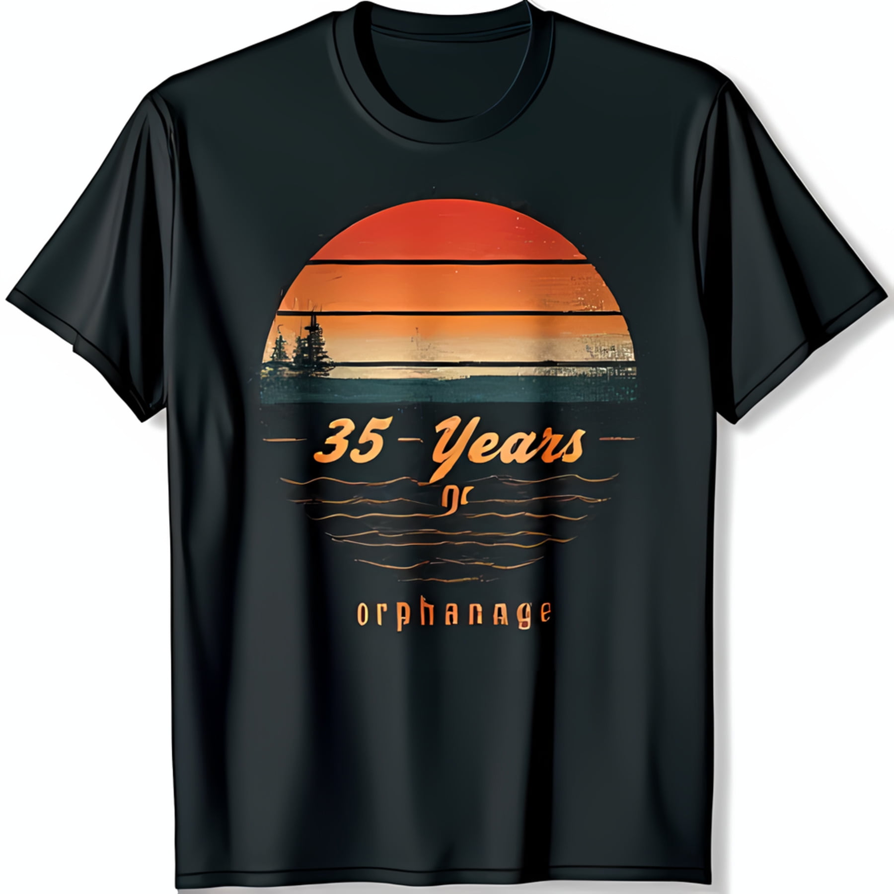 Retro Sunset Graphic Black T-Shirt 35 Years of Orphanage Design ...