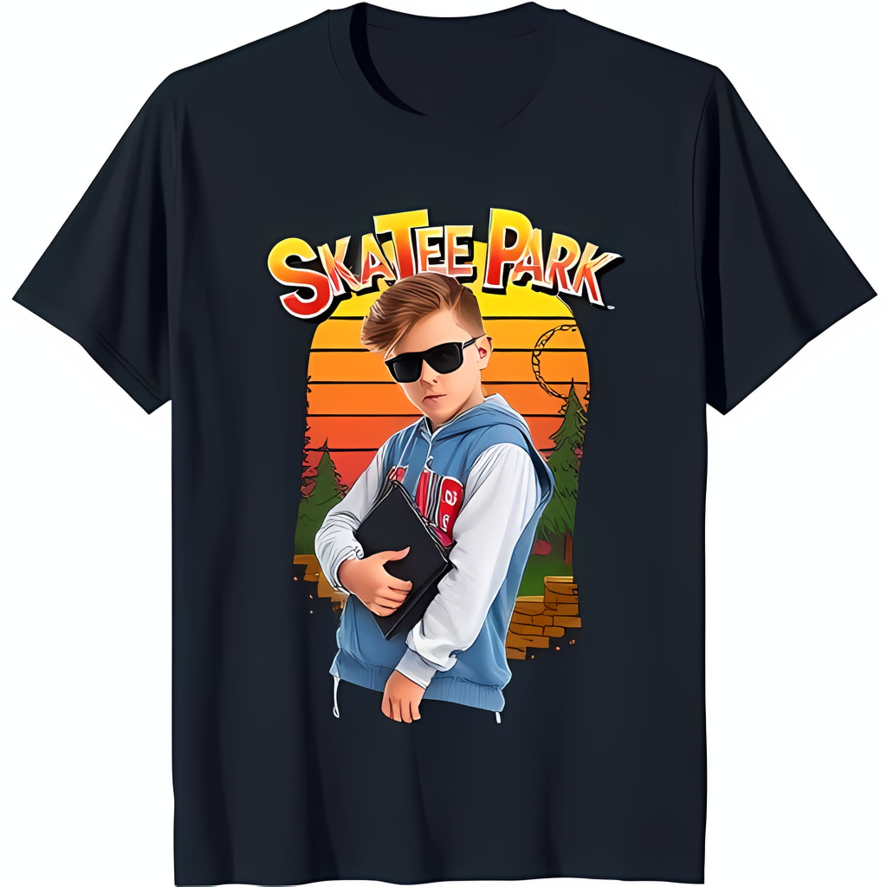 Retro Sunset Graphic Tee: Young Boy at Skatee Park Dark Neck - Walmart.com