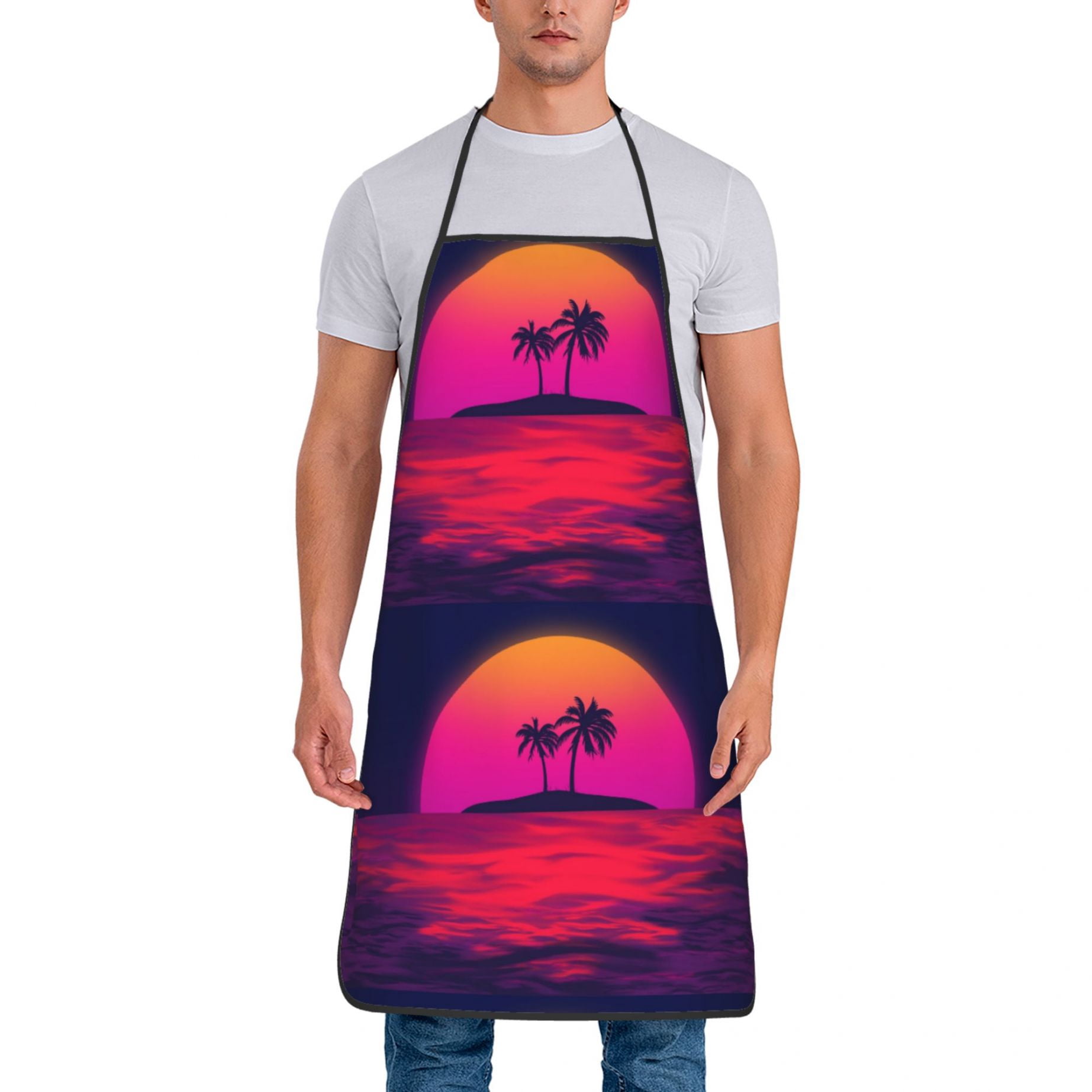 Retro Sunset Palm Tree Aprons for Women Men Waterproof Apron Kitchen ...