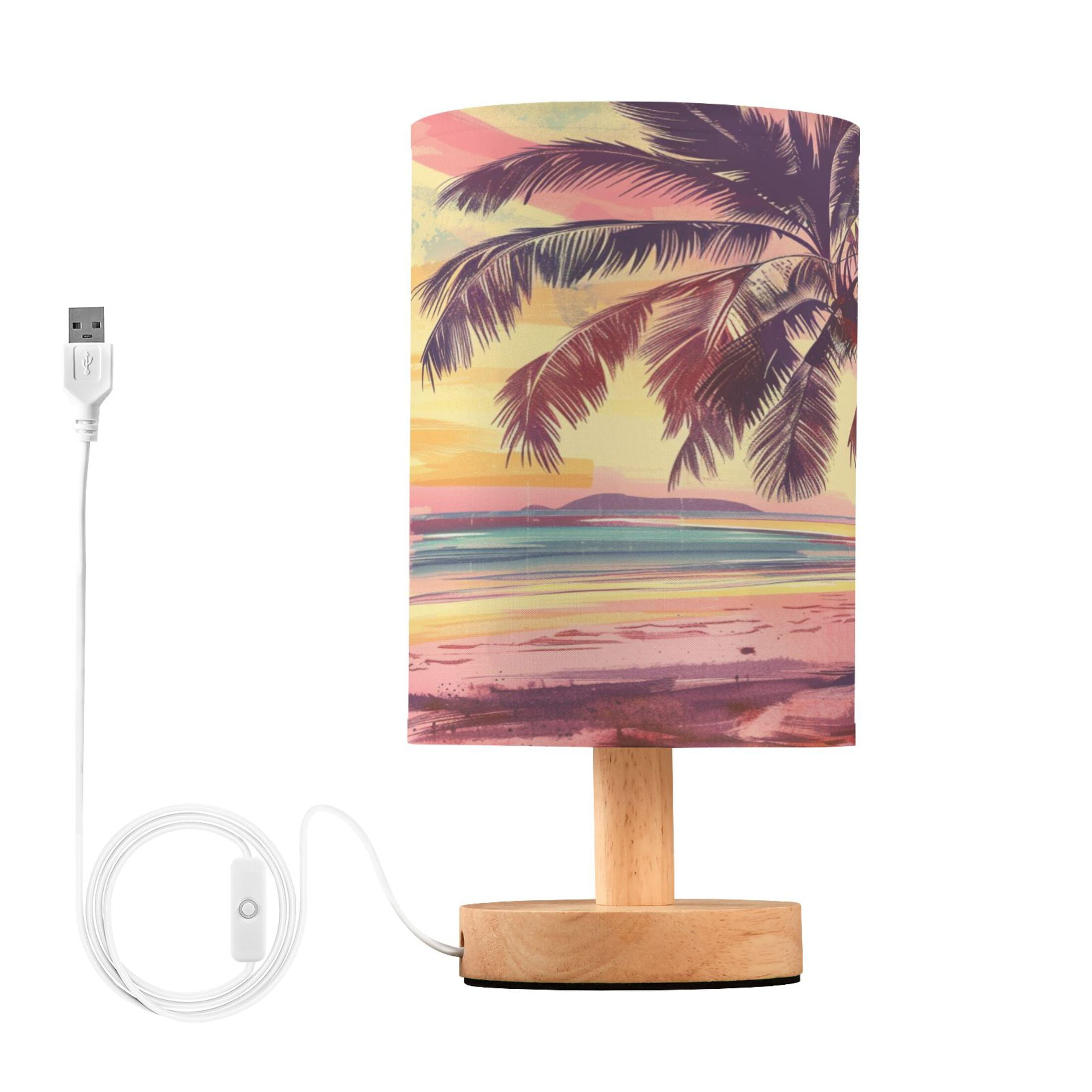 Retro Sunset Palm Tree on Beach Bedside Table Lamp Desk Warm Lights ...