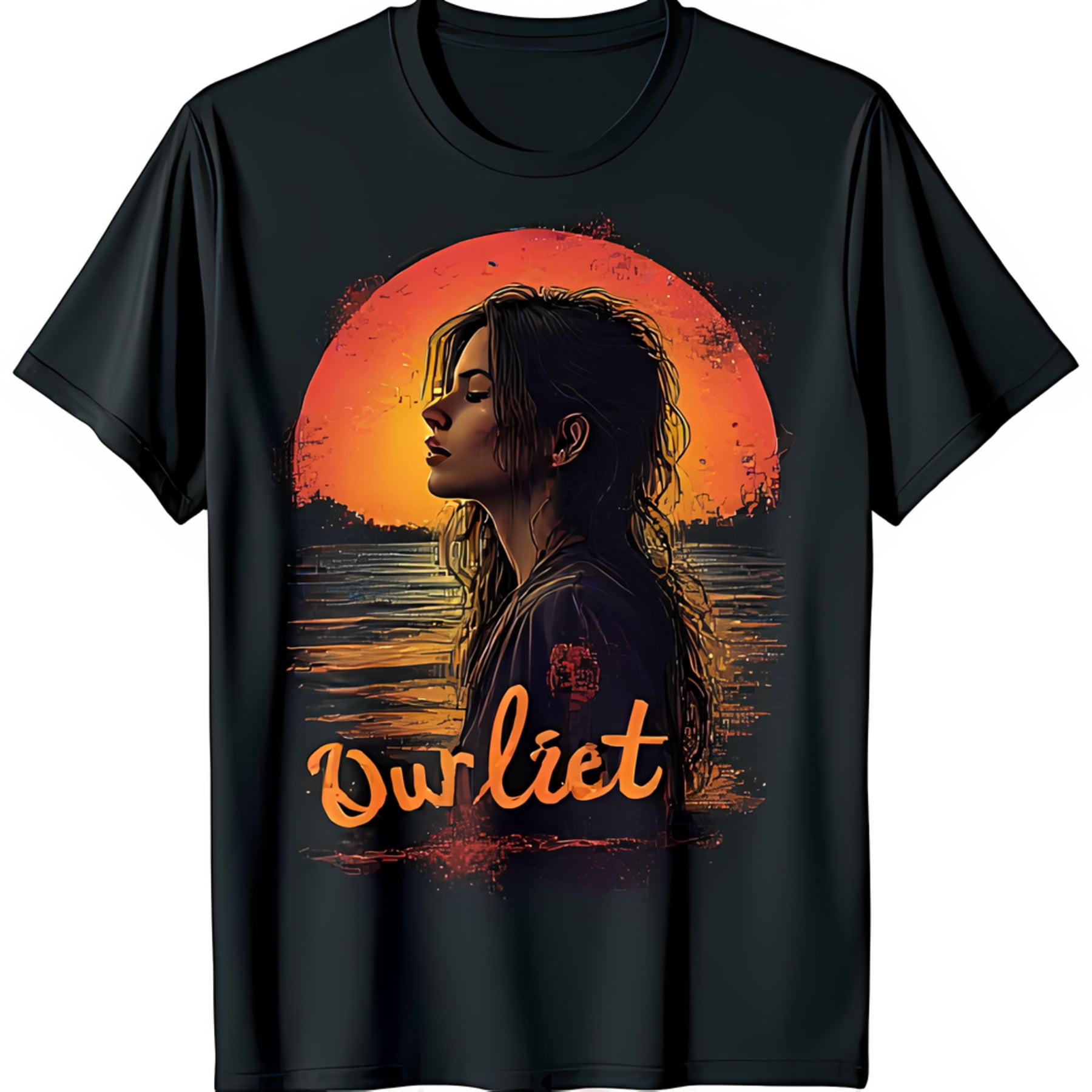 Retro Sunset Scene Black T-Shirt with Woman and 'Durliët' Graphic ...