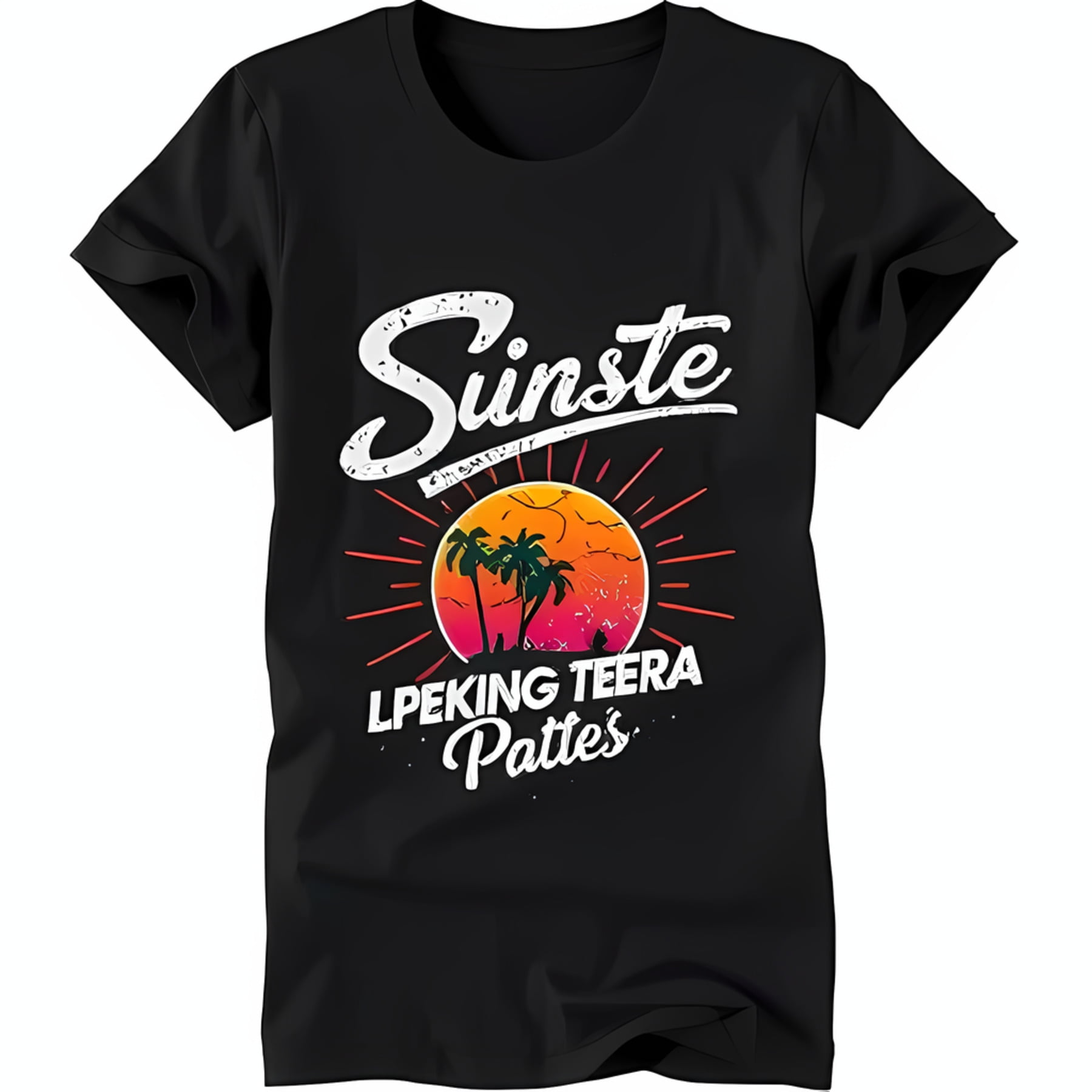 Retro Sunset Trees Graphic Black T-Shirt 'Sinste LPEKING TEERA Pattes ...