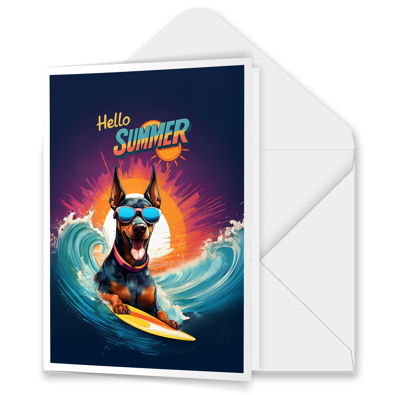 Retro Surfing Doberman Pinscher in Cool Sunglasses Hello Summer Waves ...