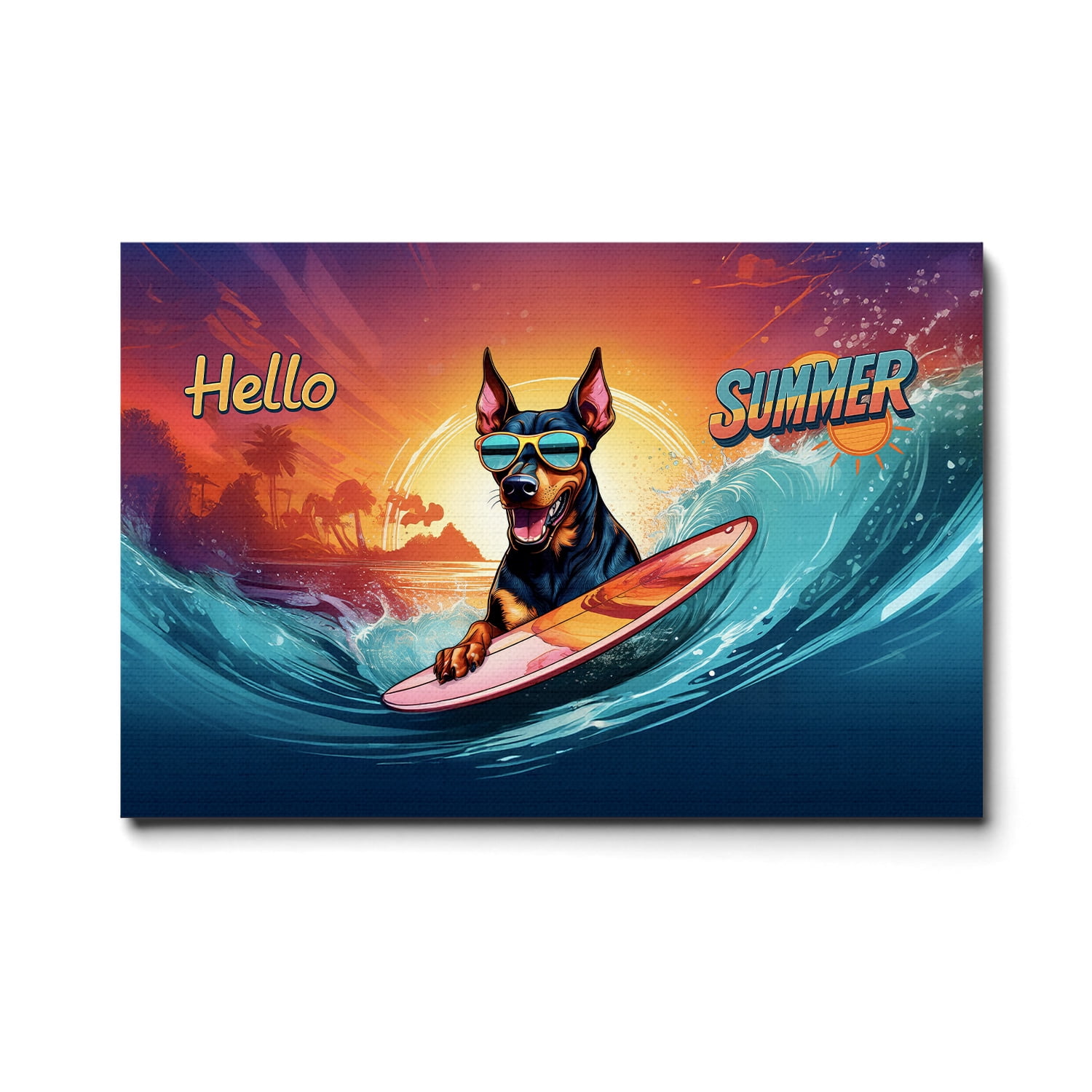Retro Surfing Doberman Pinscher in Cool Sunglasses Hello Summer Waves ...
