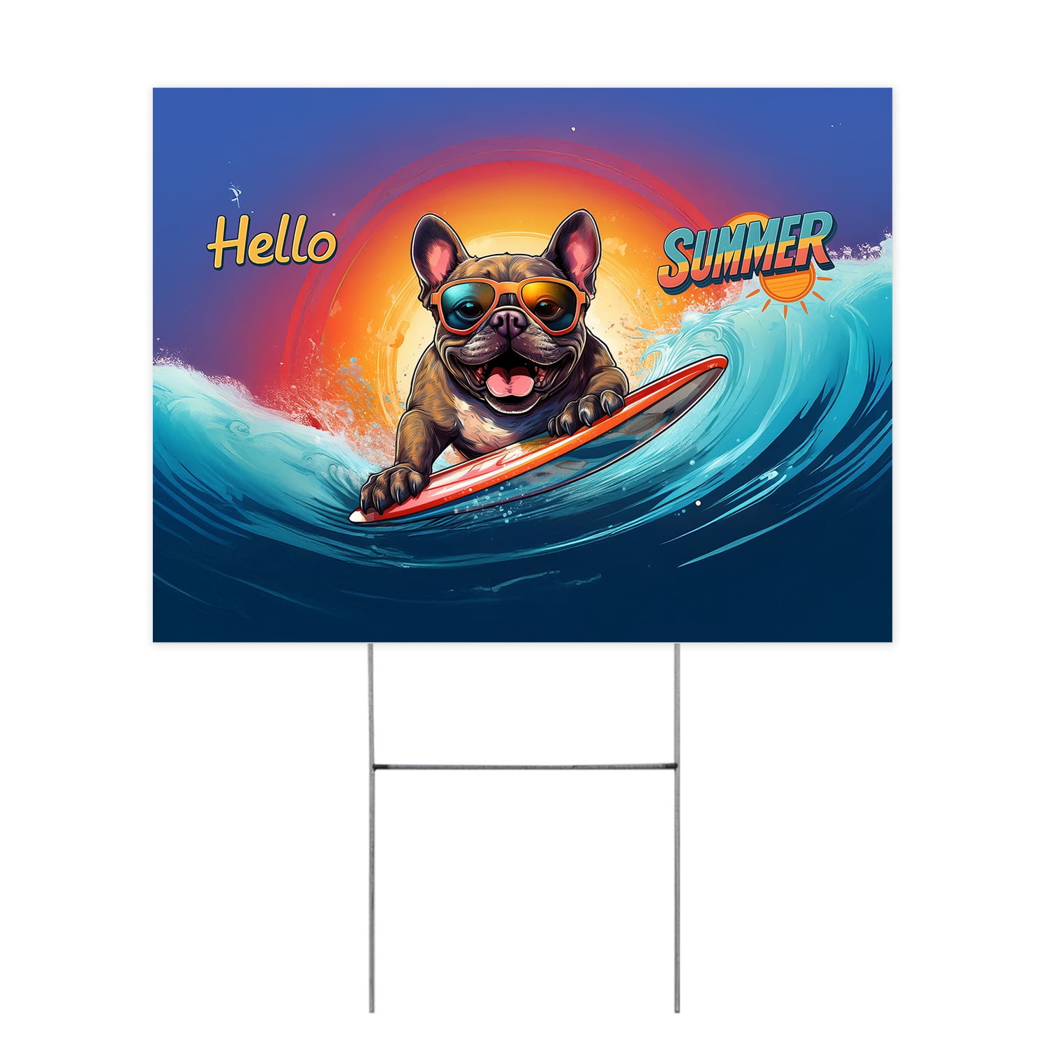 Retro Surfing French Bulldog in Cool Sunglasses Hello Summer Waves Yard ...