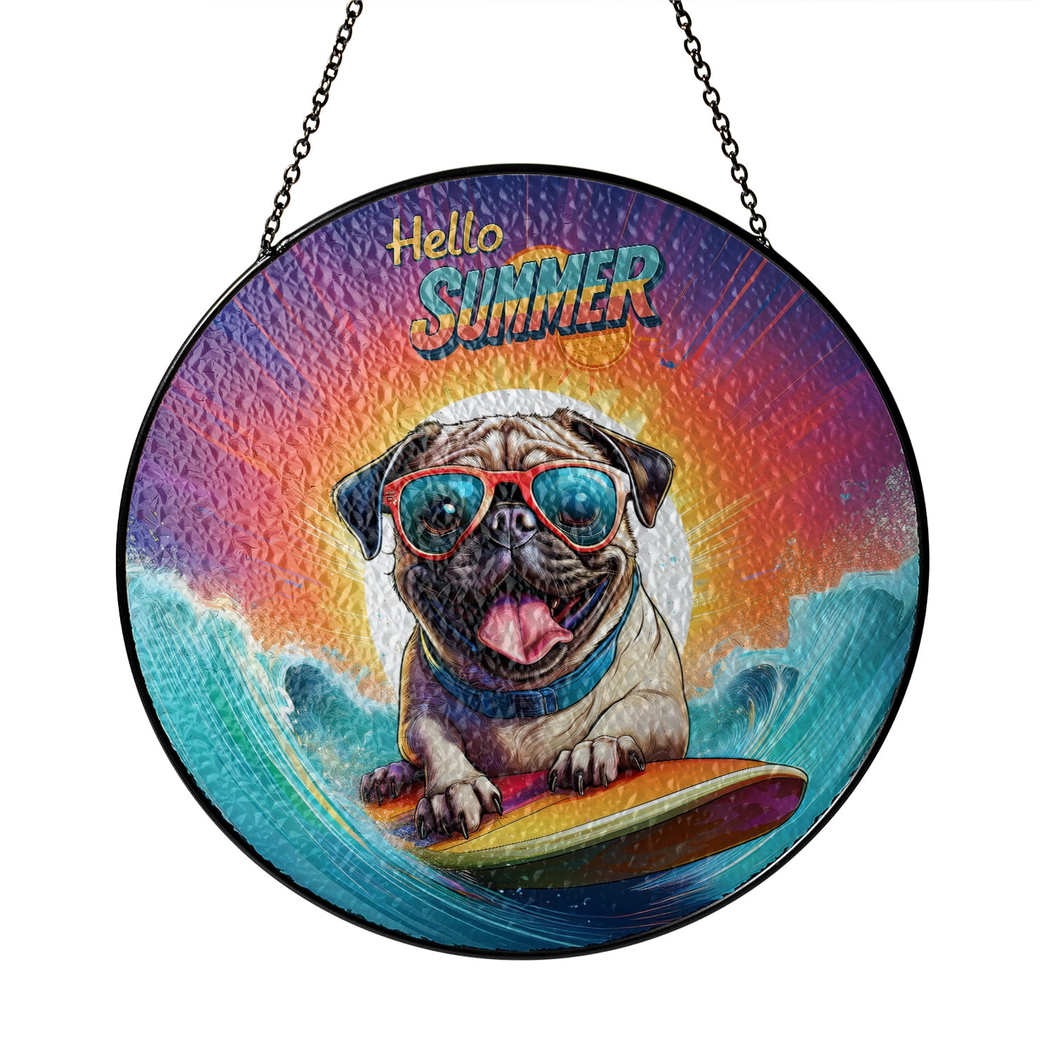 Retro Surfing Pug in Cool Sunglasses Hello Summer Waves Stained Glass ...