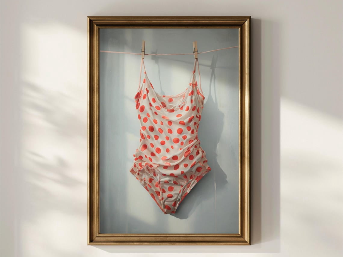 Retro Swimsuit Wall Art Red Polka Dot Summer Coastal Bathroom For ...