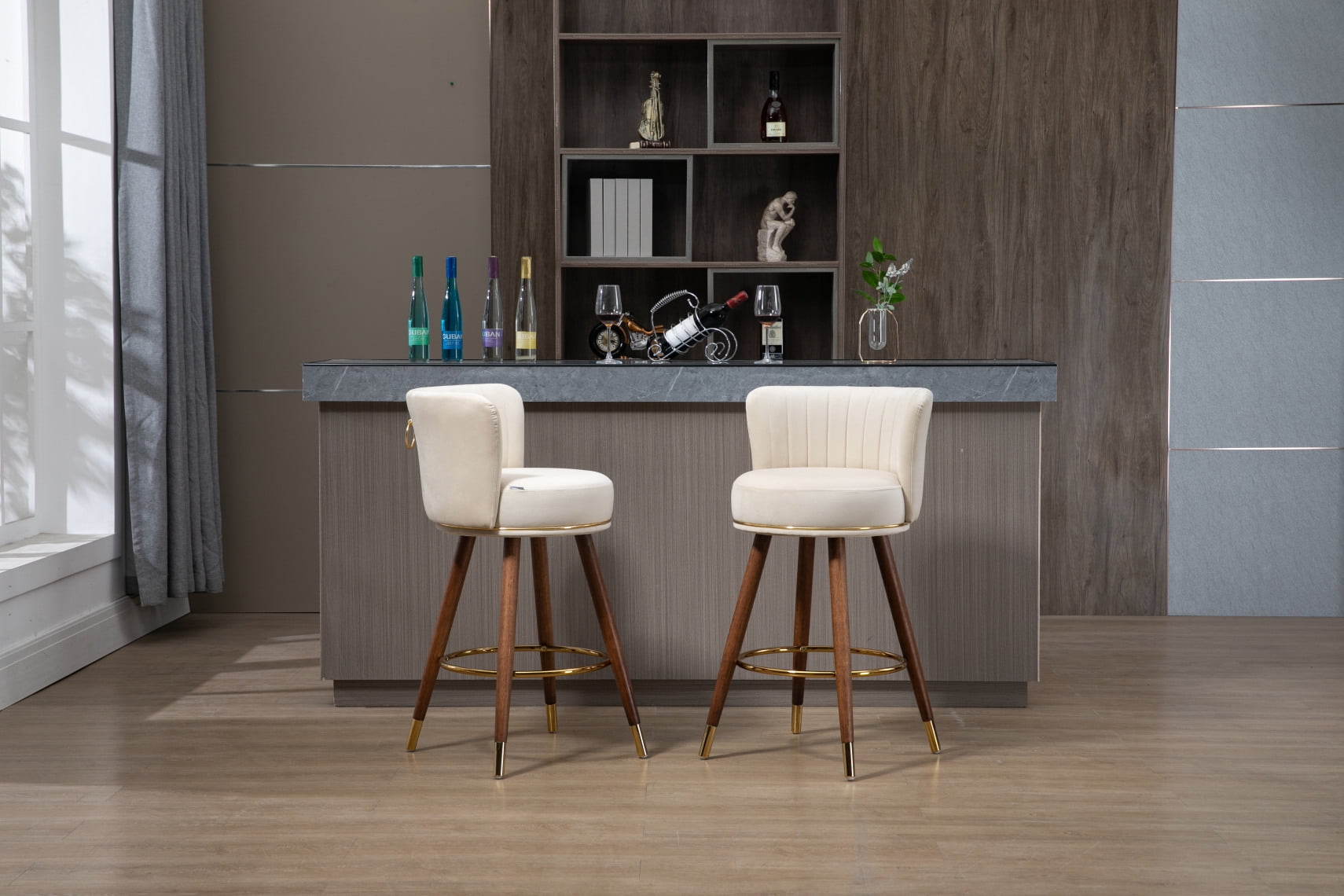 Retro Swivel Counter Height Bar Stools Set of 2 with Solid Wood Legs ...