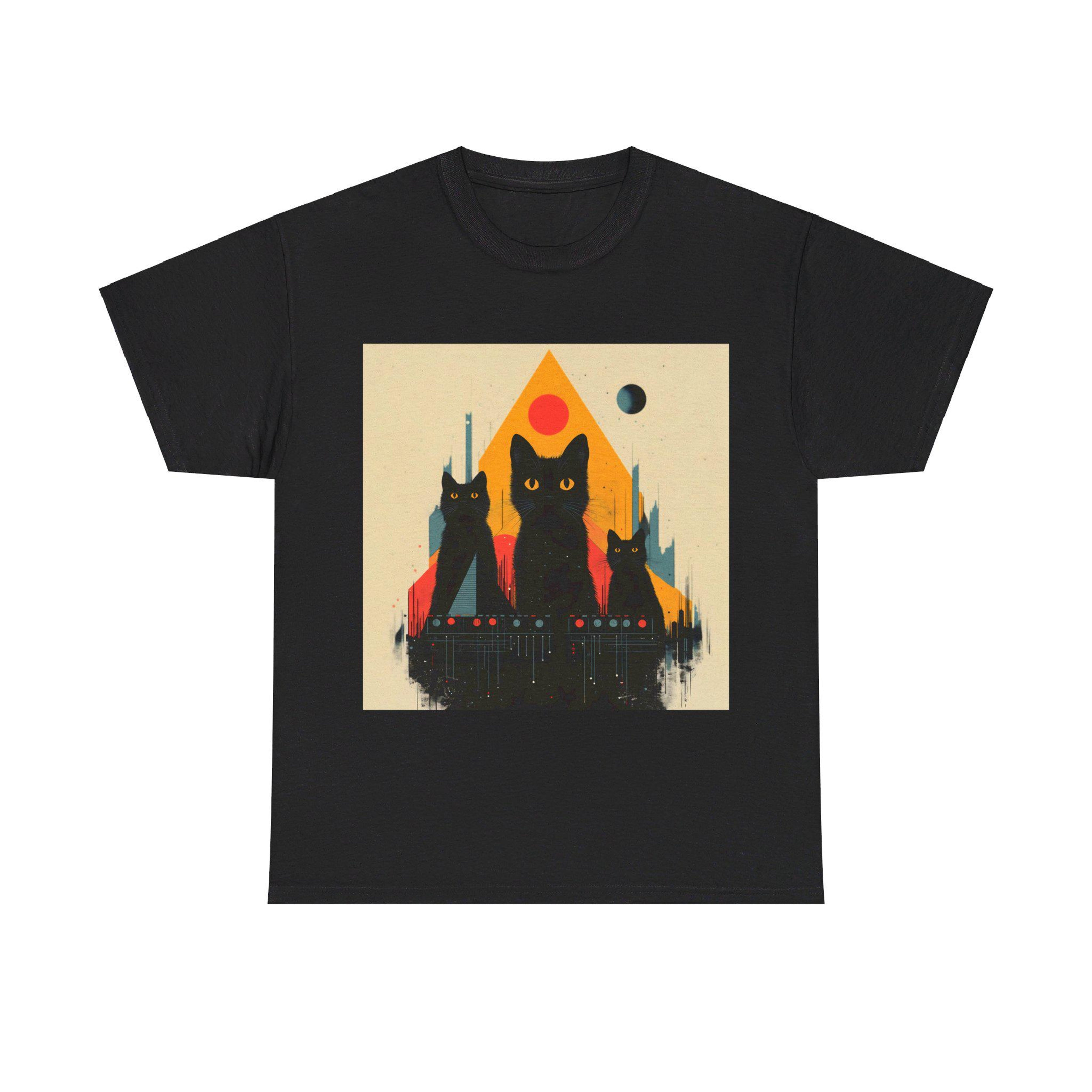 Retro Synth Cat T-Shirt - Abstract Neon Feline Trio with Synthesizer ...