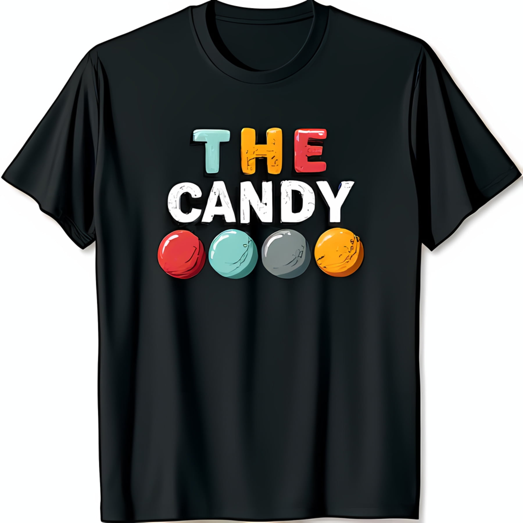 Retro THE CANDY Black T-Shirt with Colorful Cartoon Candy Balls Design ...
