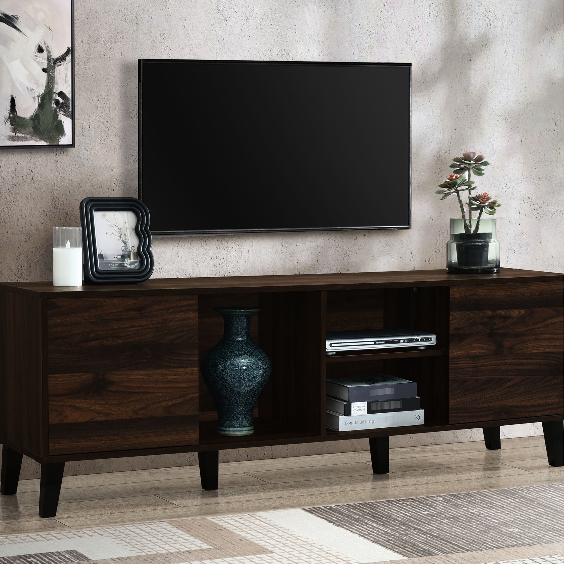 Retro TV Furniture | 3 Open Storage Compartments | Walnut Wood Grain ...