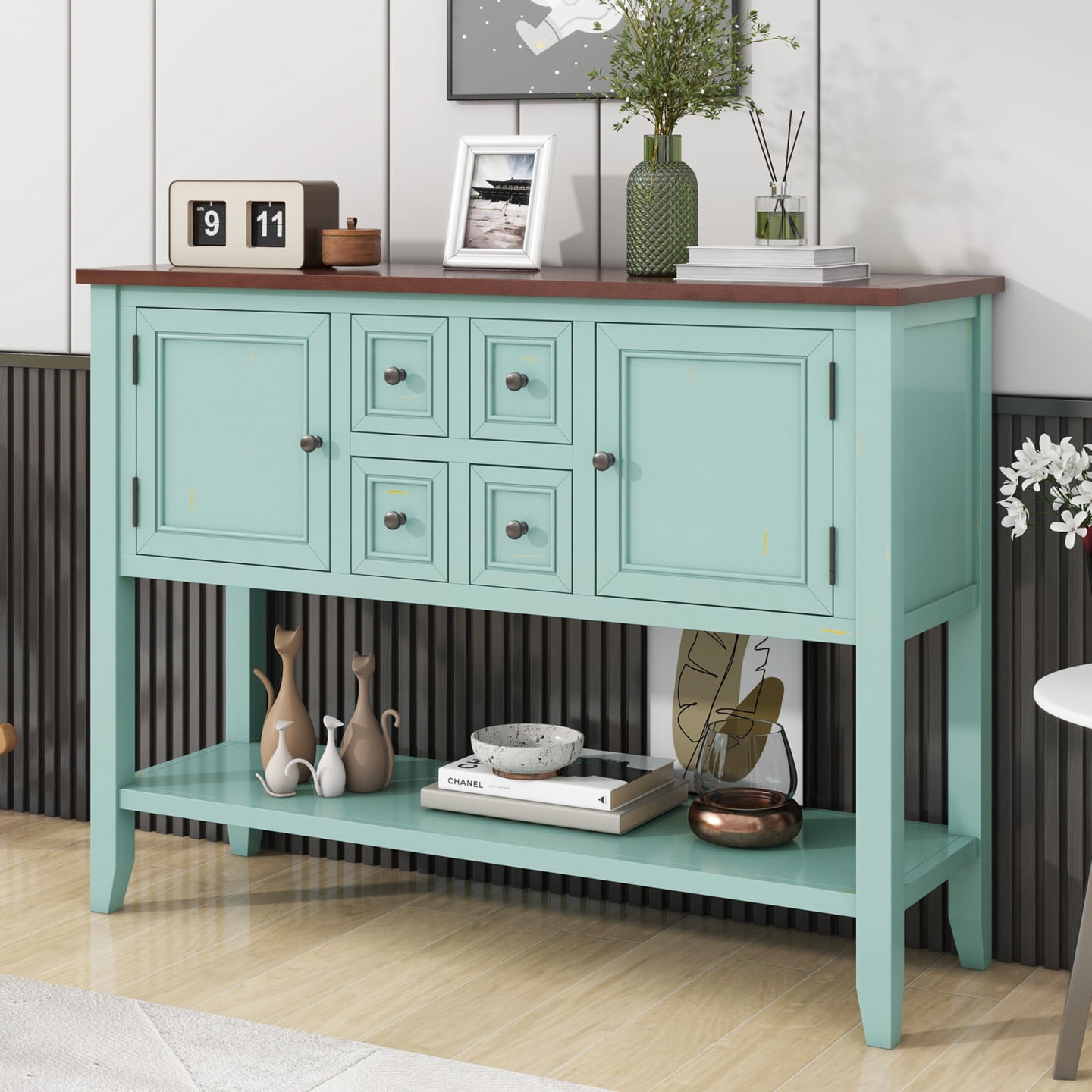 Retro TV Stand, Storage Vintage Console Table with Drawers and Cabinet ...