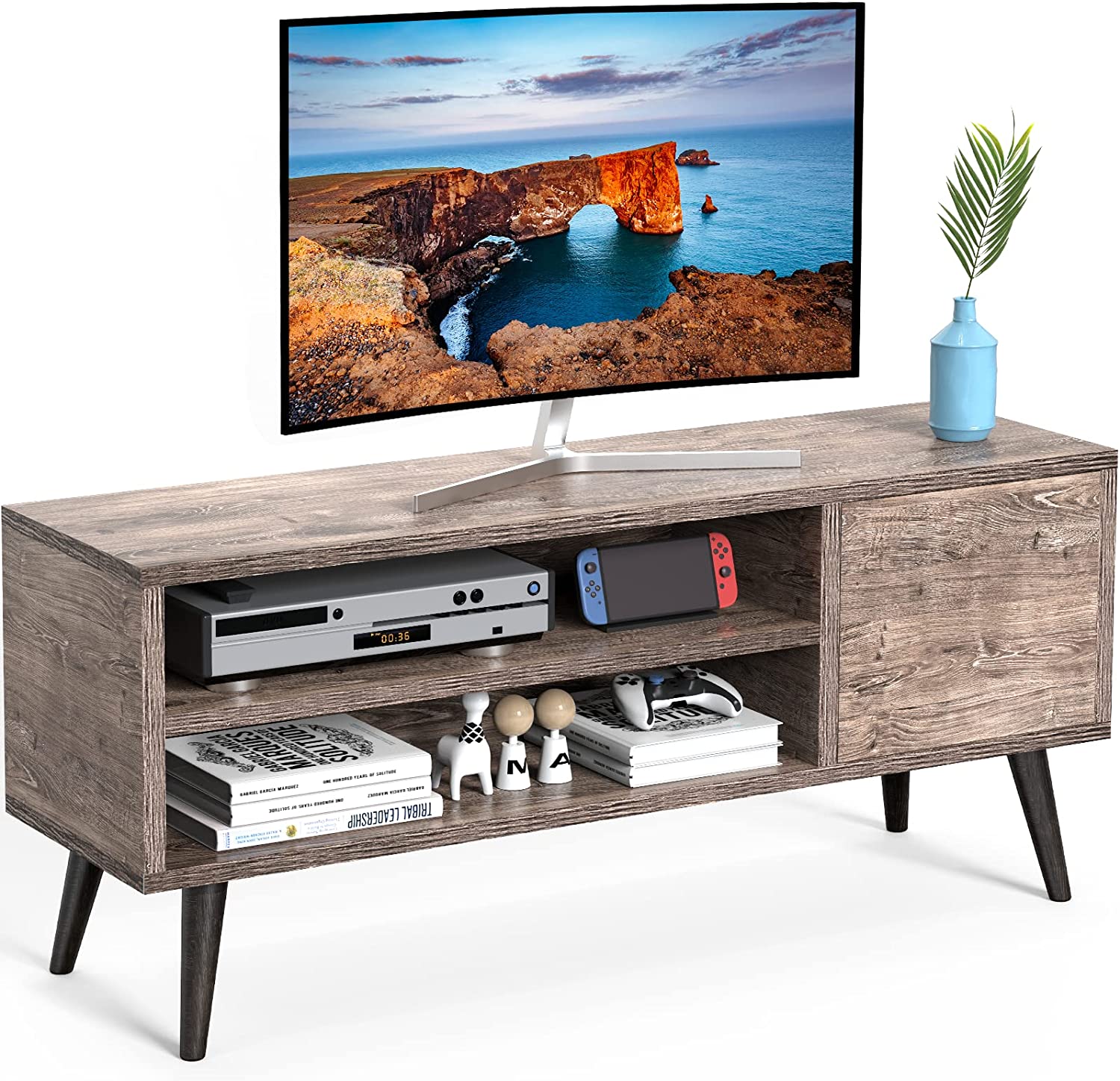 Eumyviv Rattan TV Stand for TV's up to 55", Mid-Century Media Entertainment Center with Storage ...