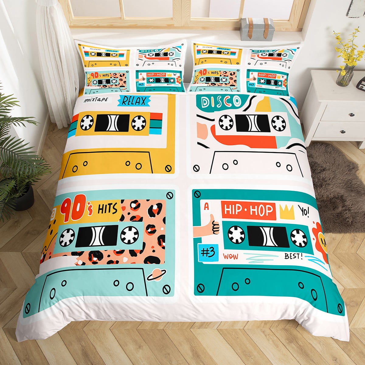 Retro Tape Cassettes Kids Bedding Set Colorful Vintage Audio Tapes ...