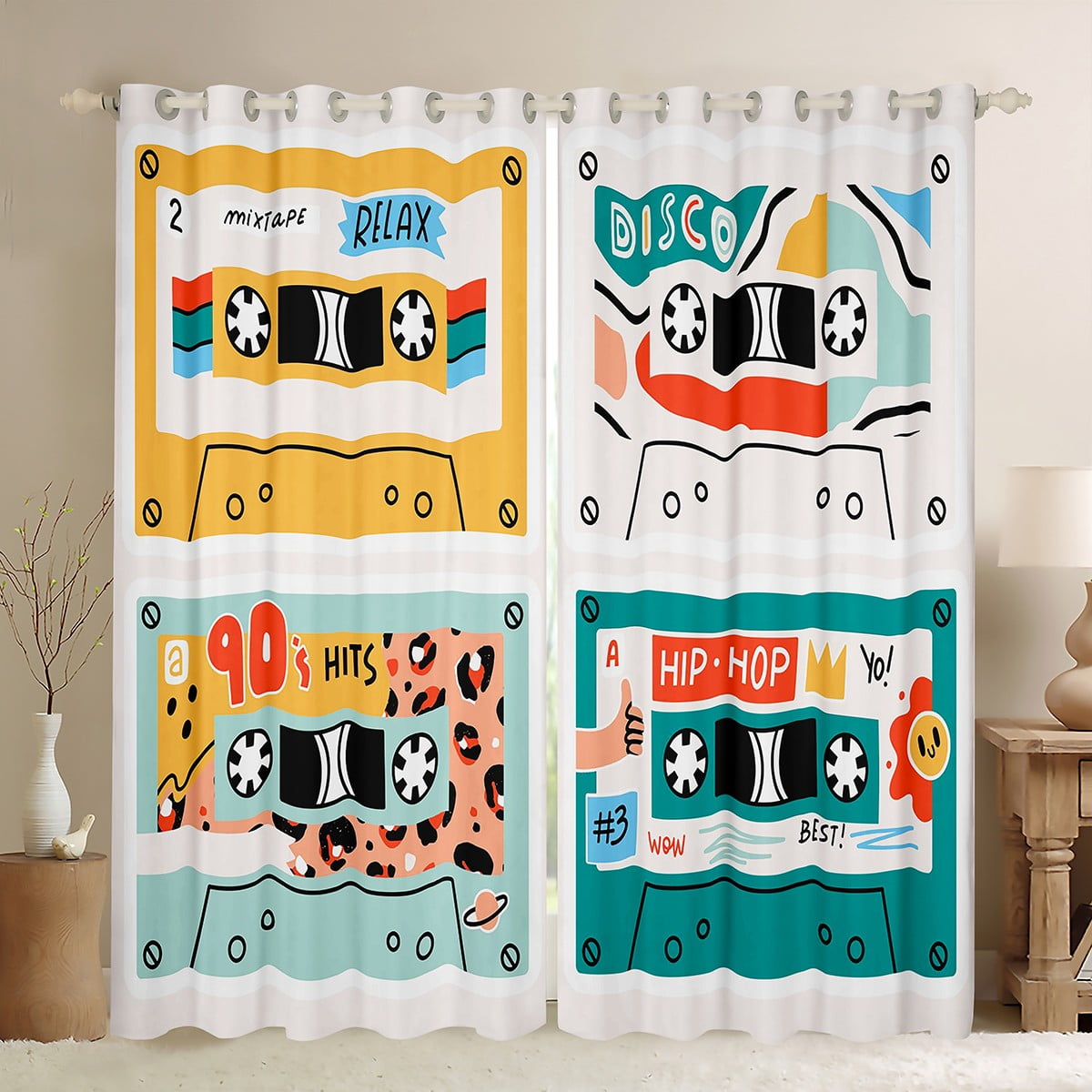 Retro Tape Cassettes Curtains Colorful Vintage Audio Tapes Curtains ...