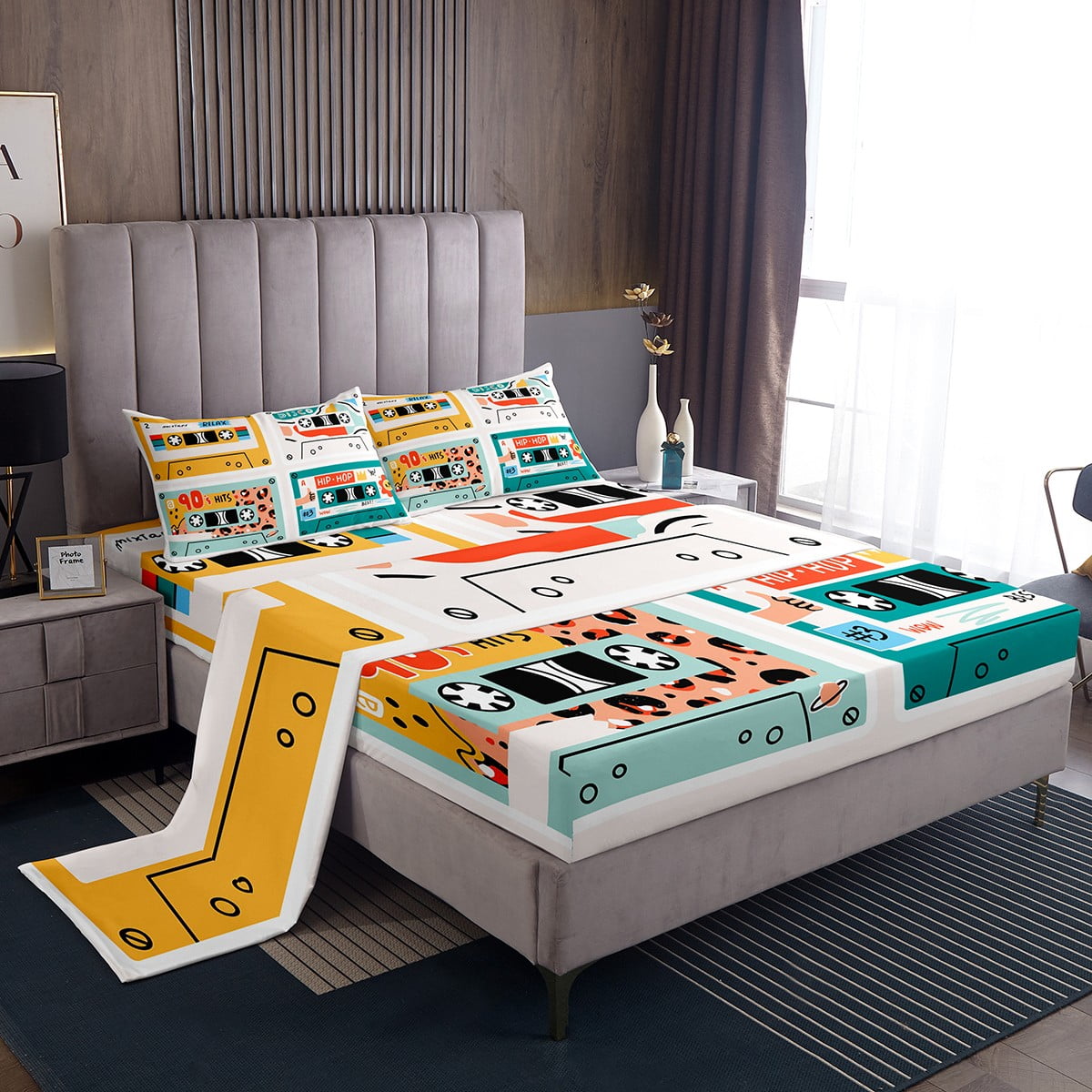 Retro Tape Cassettes Sheet Set Colorful Vintage Audio Tapes Fitted ...