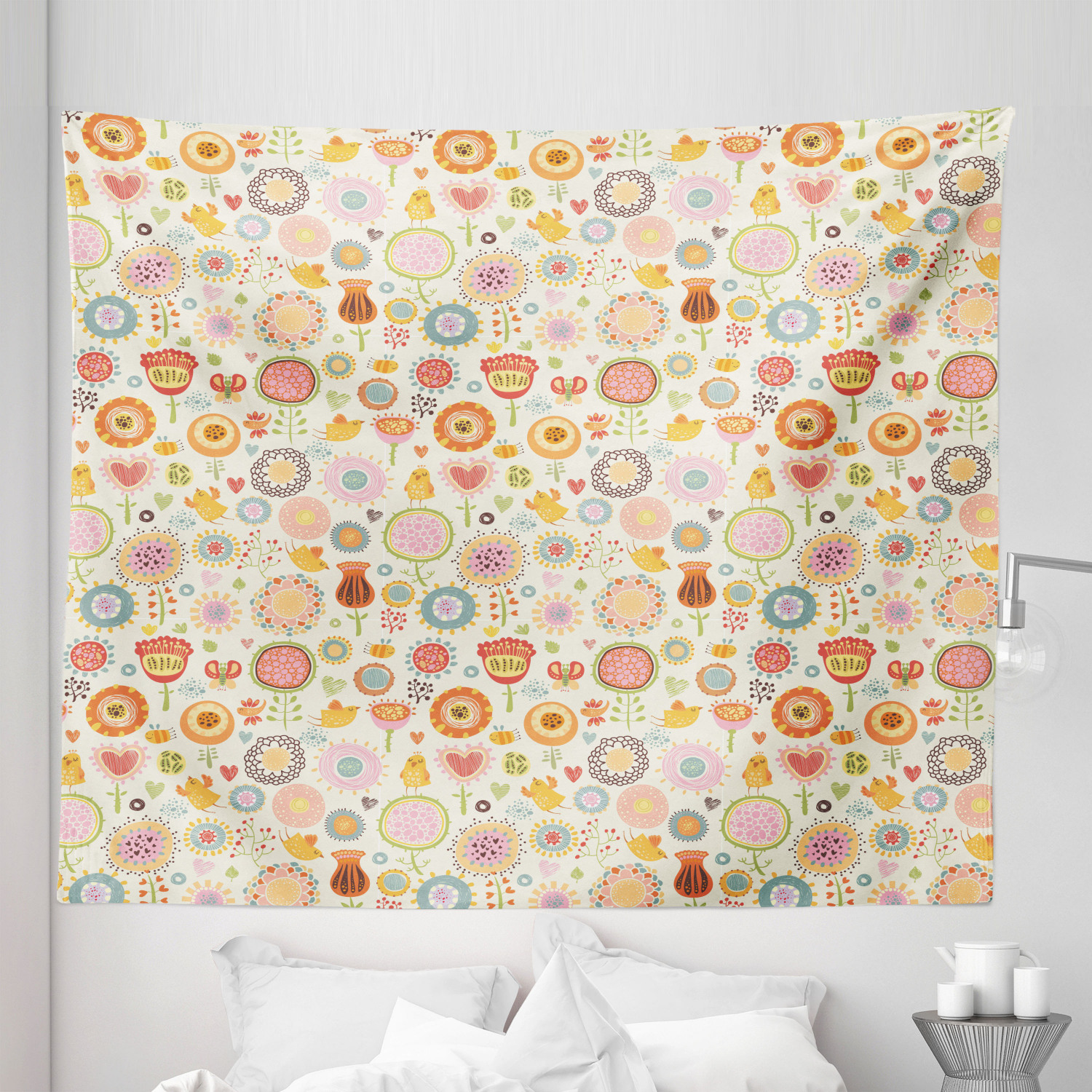 Retro Tapestry, Retro Ornate Flowers in Drawing Style Little Hearts ...